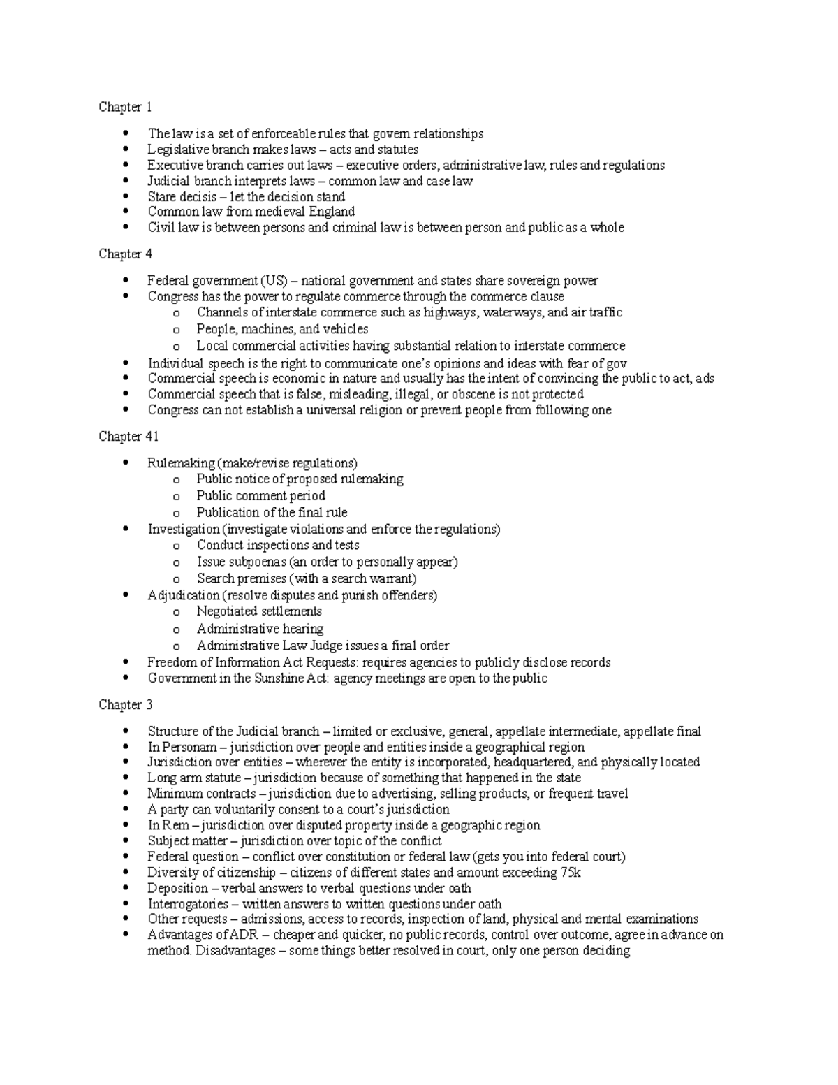 Exam 1 Notes - Chapter 1 The law is a set of enforceable rules that ...
