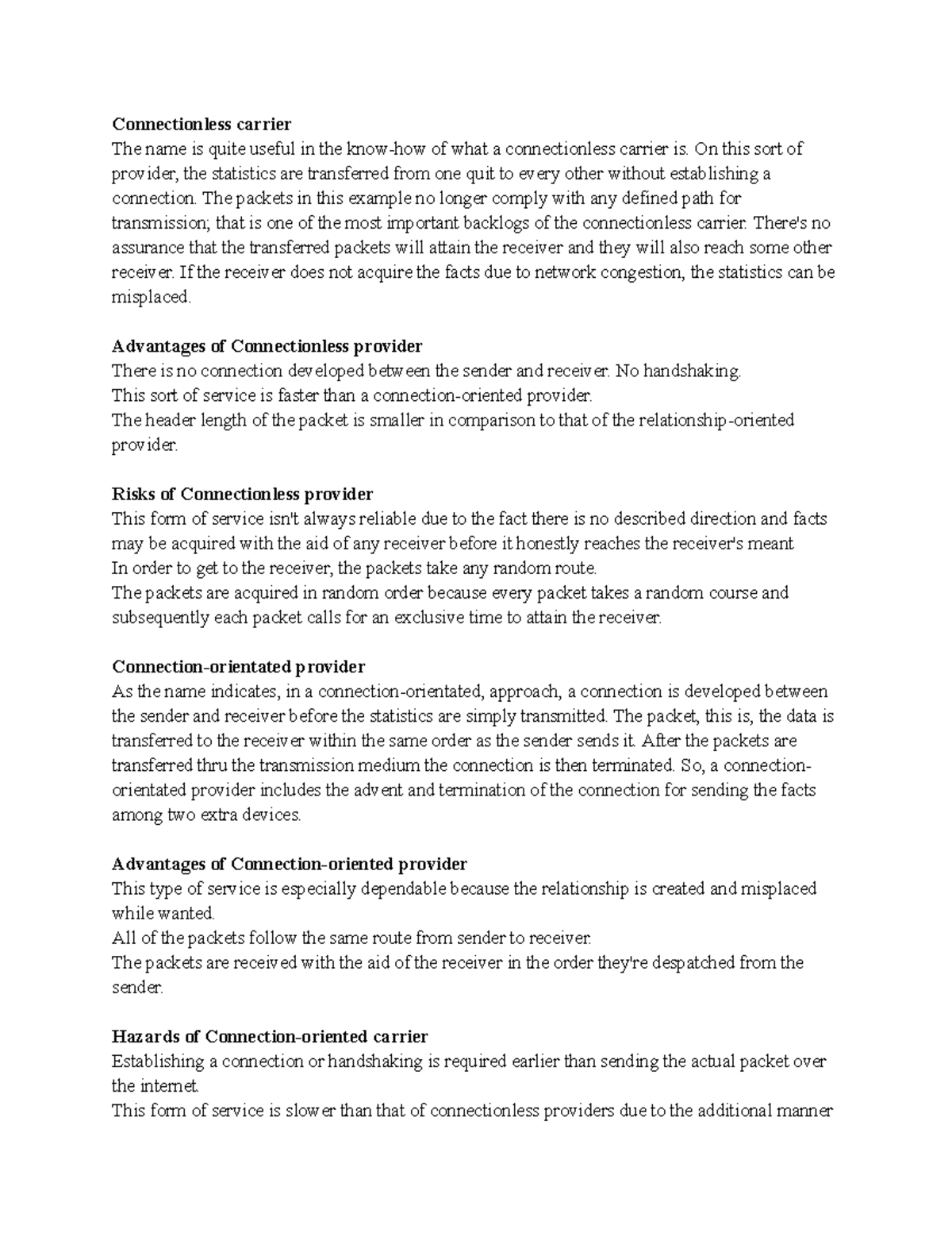 CS 2204 Written Assignment unit 1 - Connectionless carrier The name is quite useful in the know ...