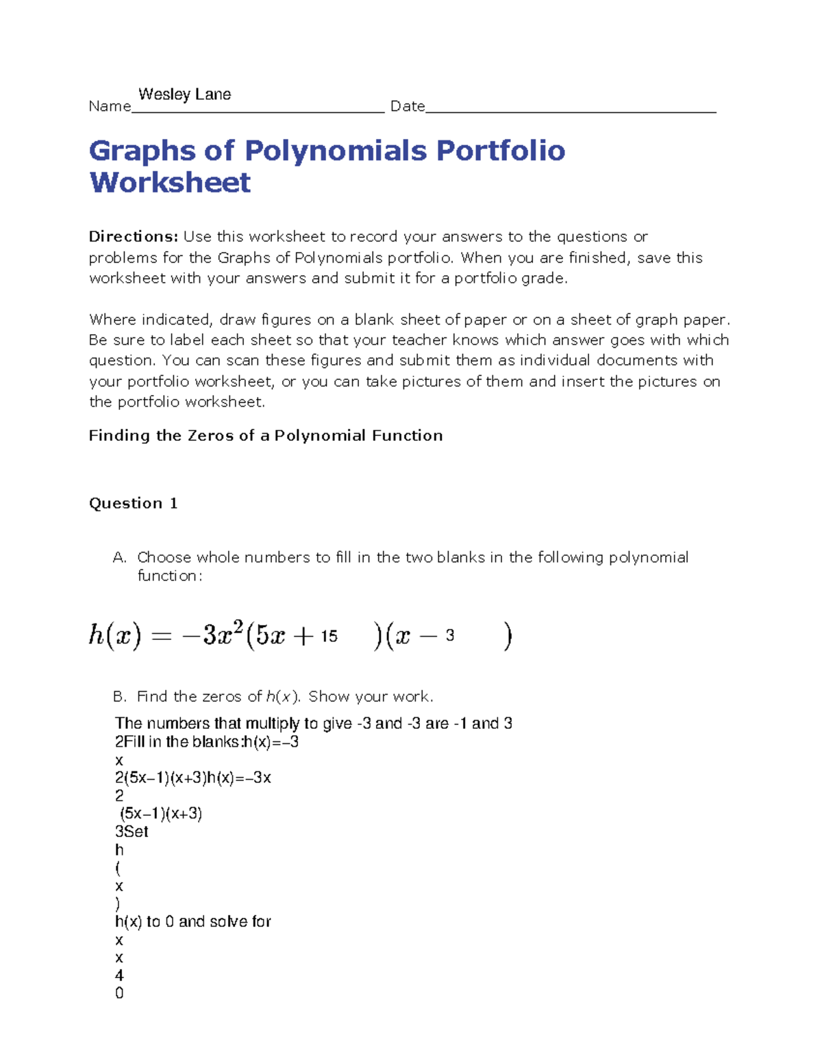 Algebra 2 Graphs of Polynomials Portfolio Worksheet - Name ...