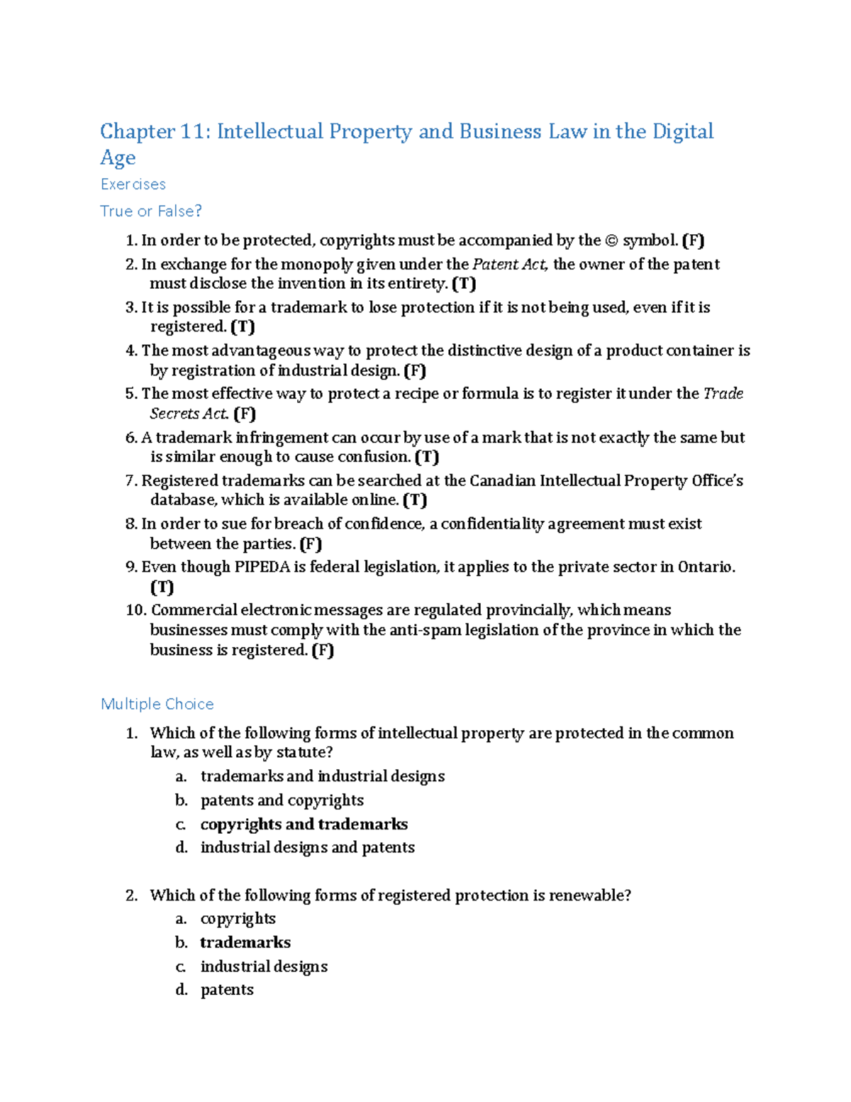 Solutions to quiz - Chapter 11: Intellectual Property and Business Law ...