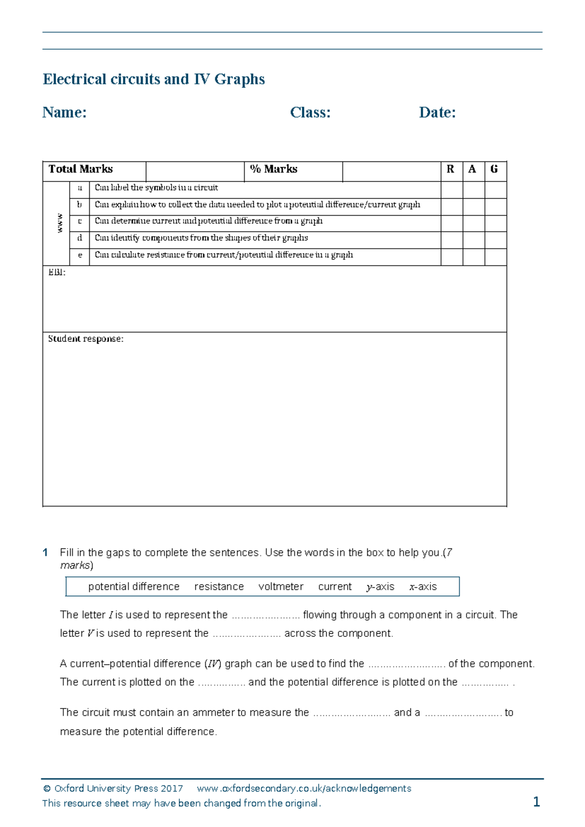V-I graph HW - Electrical circuits and IV Graphs Name: Class: Date ...