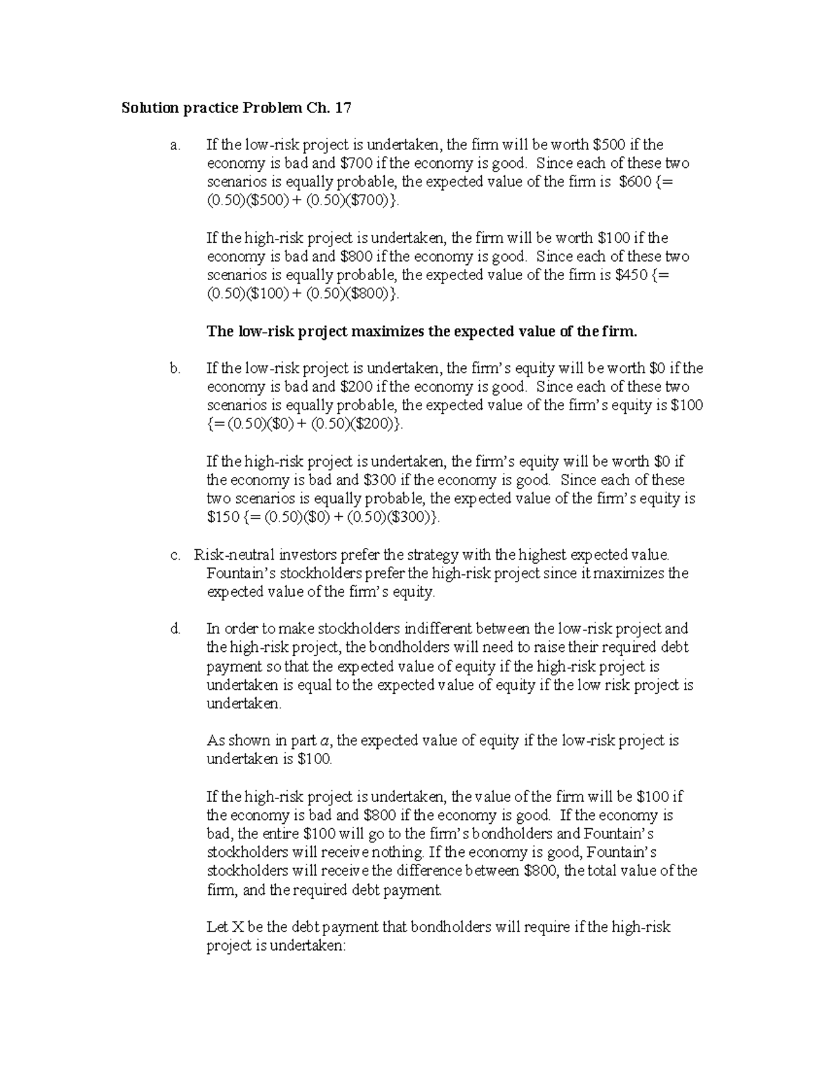 Solution Practice Pb Ch17 - Solution practice Problem Ch. 17 a. If the ...