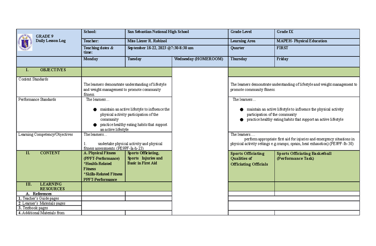 September 4-8 - a daily lesson log - GRADE 9 Daily Lesson Log School ...