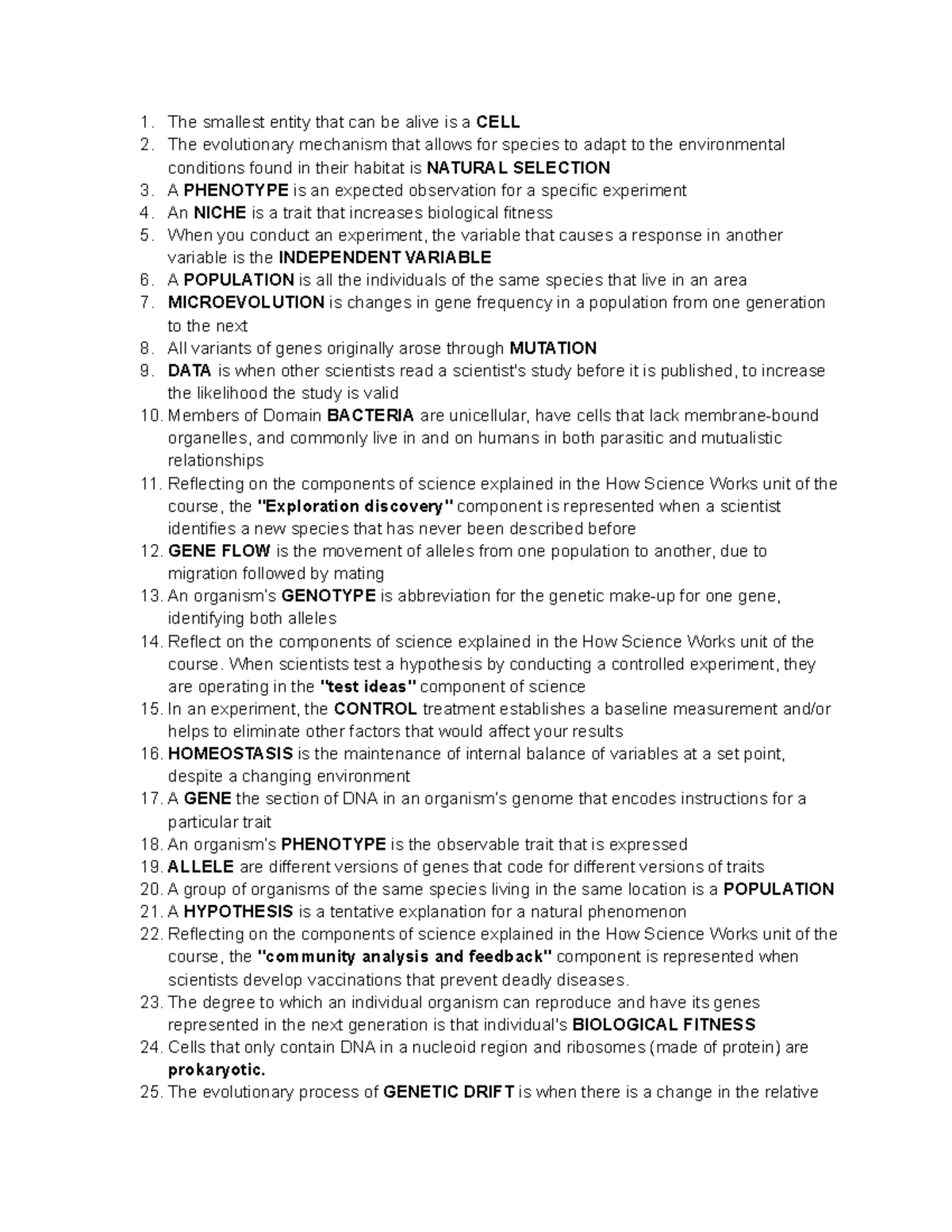 BSC 101 Study Guide - The smallest entity that can be alive is a CELL ...