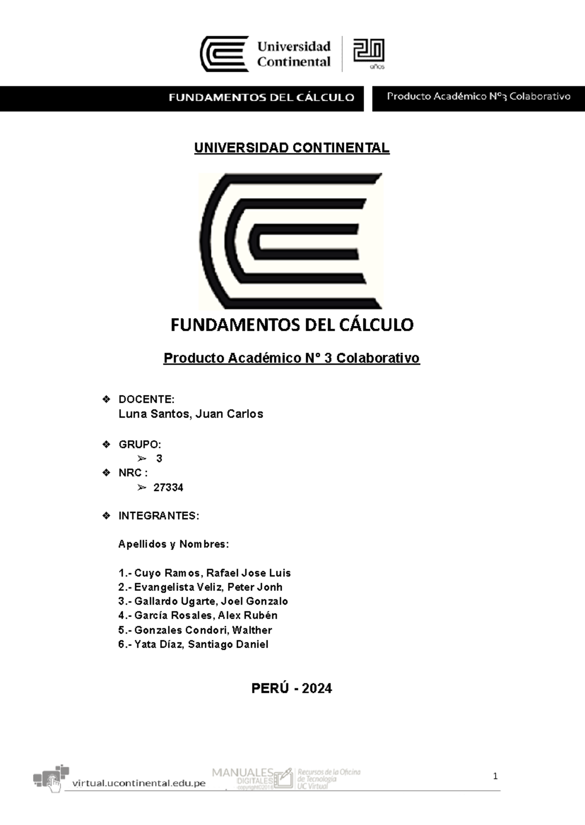 PA3- Fundamentos DE Calculo - UNIVERSIDAD CONTINENTAL FUNDAMENTOS DEL CÁLCULO Producto Académico ...