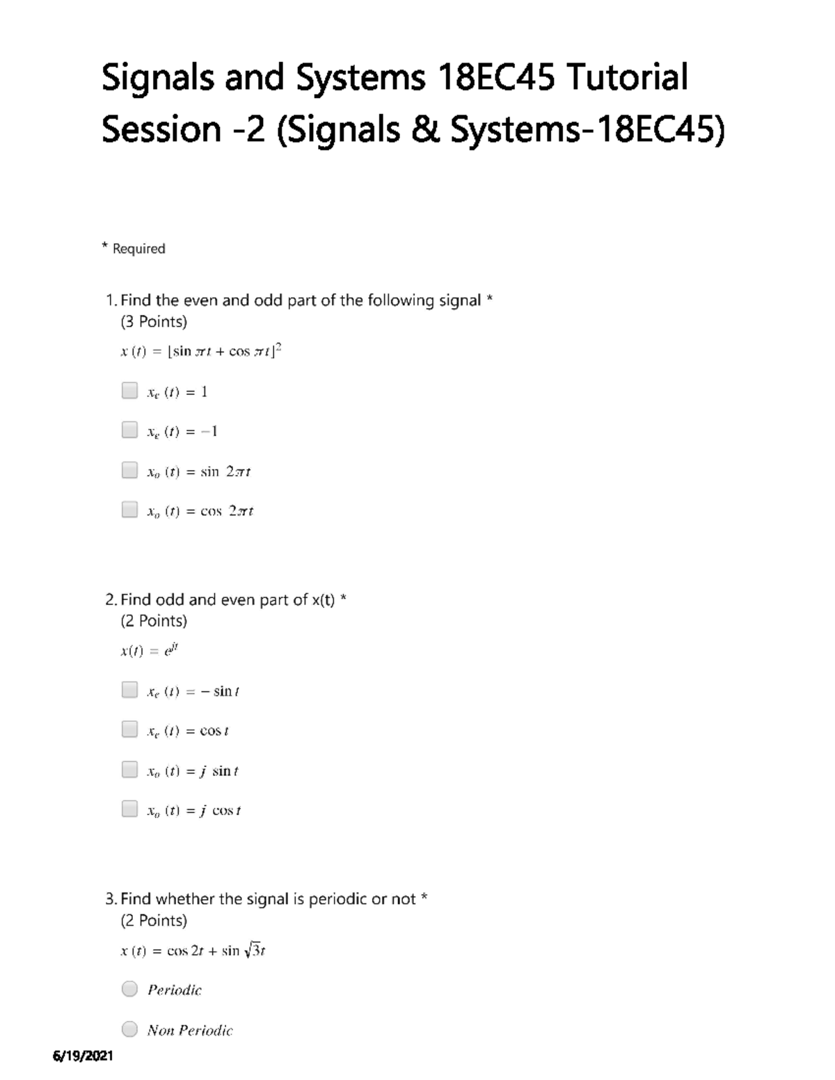 Tutorial session 2 - PRACTICE PROBLEMS - Signals and Systems 18EC45 Tutorial Session 2 (Signals ...