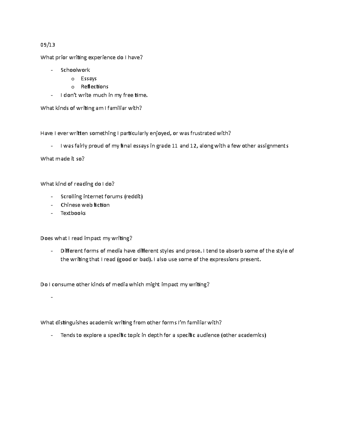 Notes - a summary - 09/ What prior writing experience do I have ...