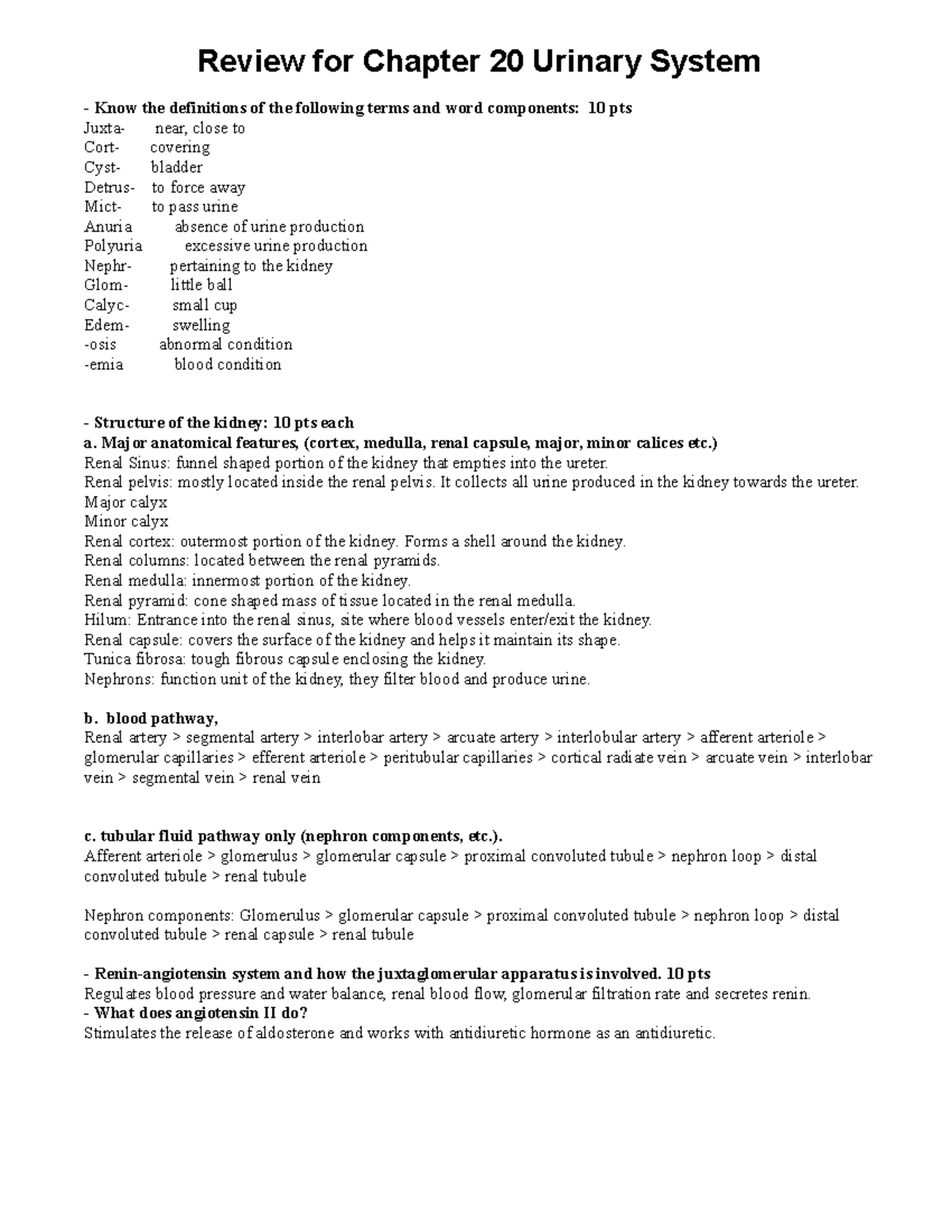 Chapter 20 HW - homework - Review for Chapter 20 Urinary System Know ...