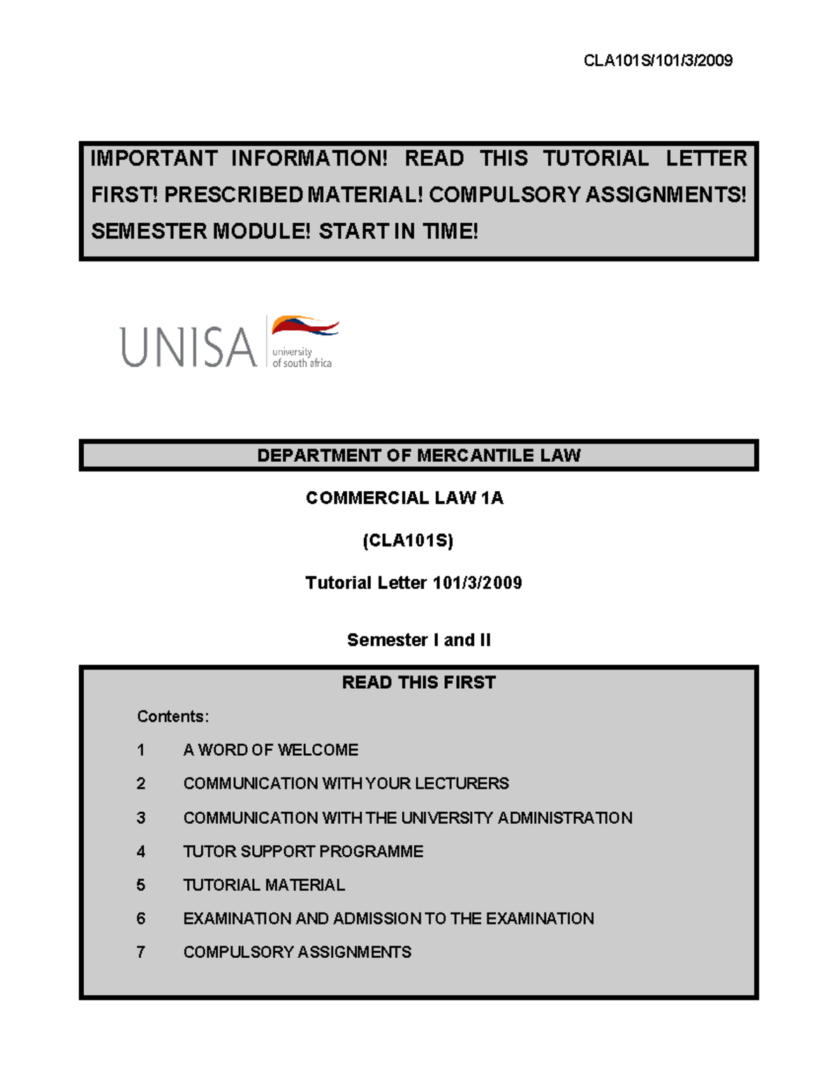 Tutorial letter 2009 - IMPORTANT INFORMATION! READ THIS TUTORIAL LETTER ...