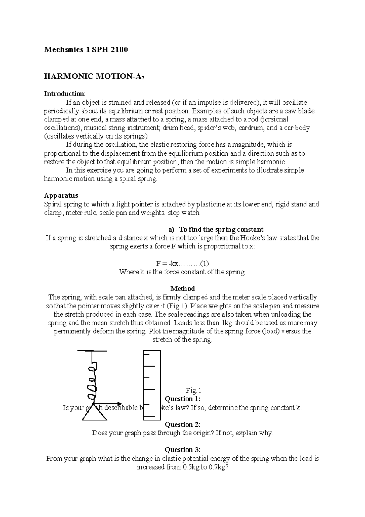 Harmonic Motion - e3e3e3e3e - Mechanics 1 SPH 2100 HARMONIC MOTION-A 7 ...
