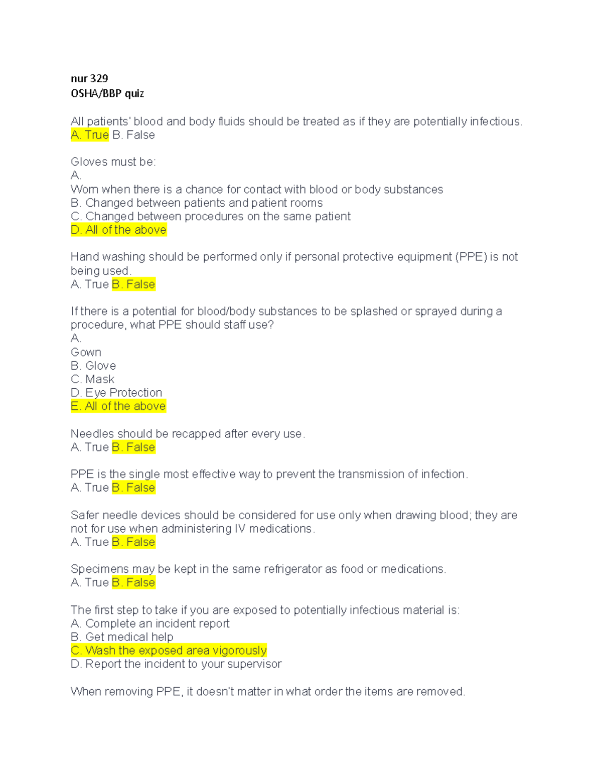 Nur 329 quiz - public health nursing OSHA and BBP quiz - nur 329 OSHA ...