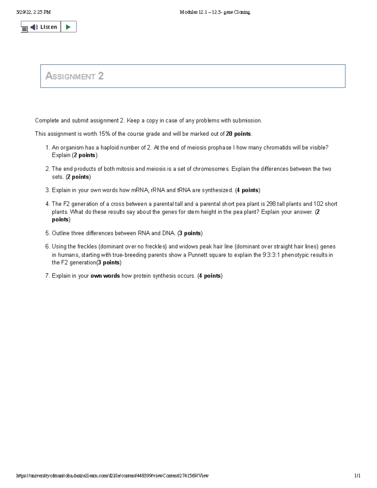 Assignment 2 questions biology 1000 2022 - 1000 - U of M - Studocu