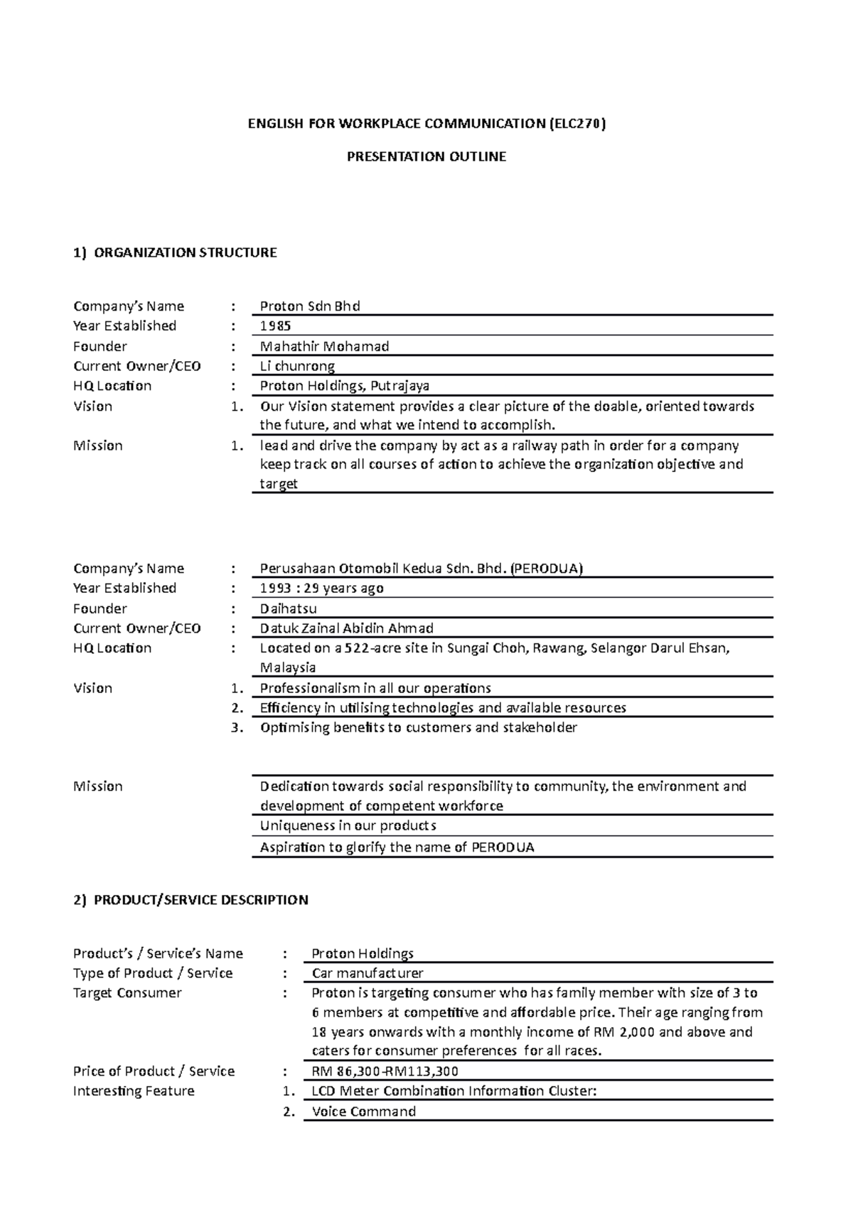 Presentation Outline real - ENGLISH FOR WORKPLACE COMMUNICATION (ELC270 ...