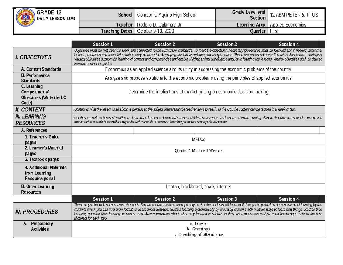 ABM AE12-Ia-d-2-Oct. 9-13, 2023 - GRADE 12 DAILY LESSON LOG School ...