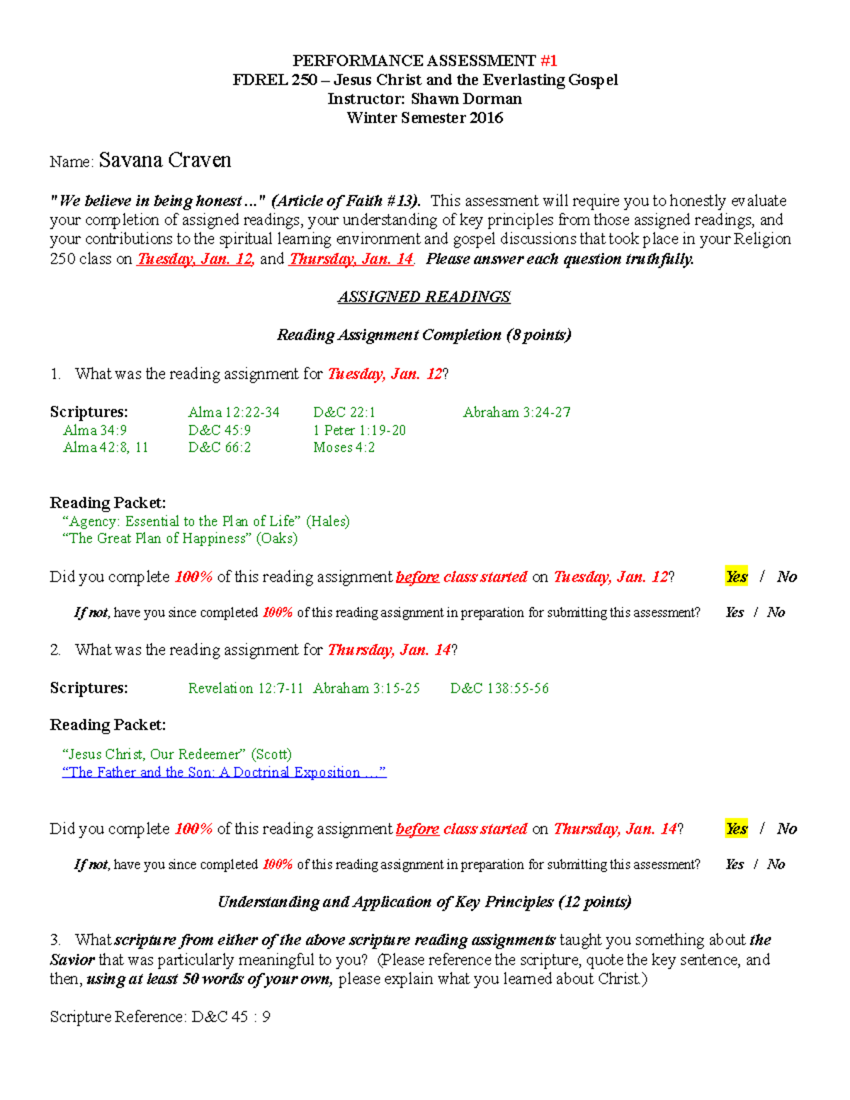Religion Assessment 1 - PERFORMANCE ASSESSMENT #1 FDREL 250 – Jesus ...