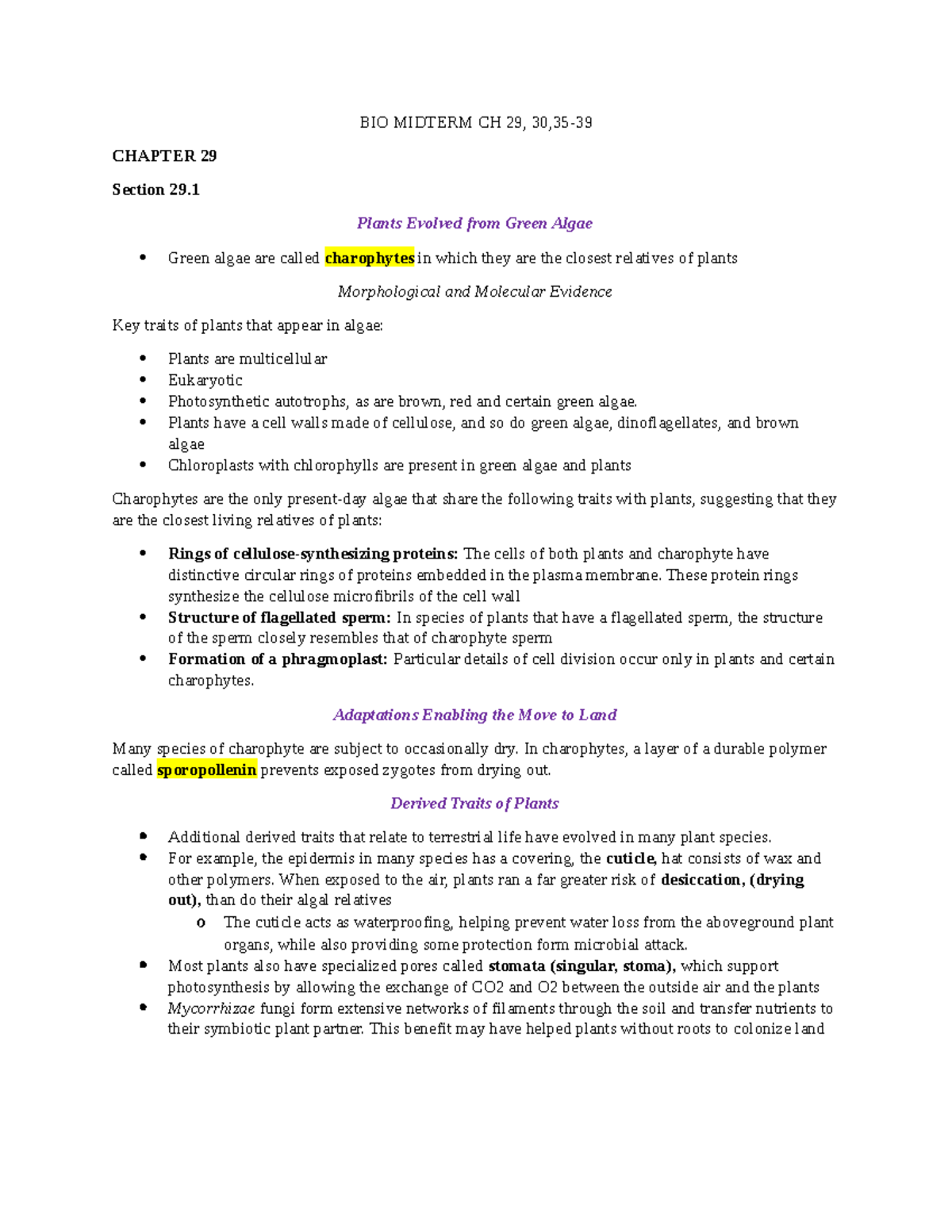 BIO 193 Midterm Study Guide - BIO MIDTERM CH 29, 30,35- CHAPTER 29 ...