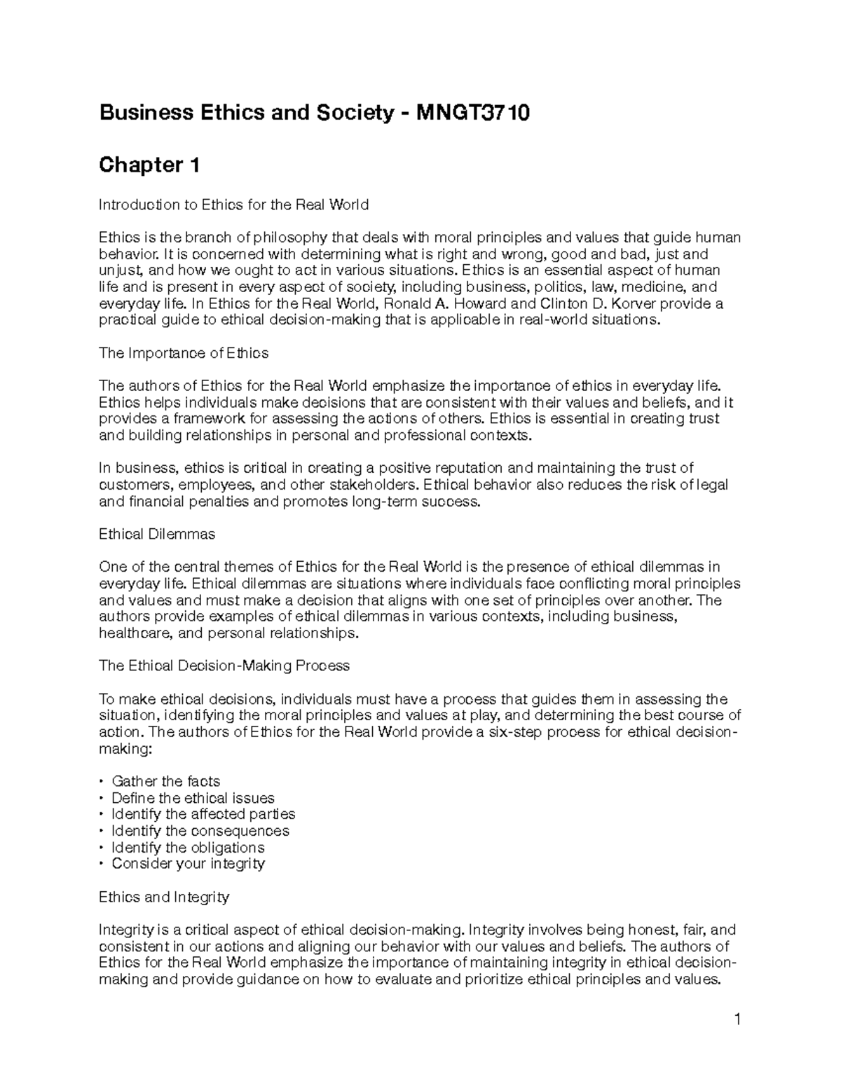 MNGT3710 - Chapter 1 - Business Ethics and Society - MNGT Chapter 1 ...