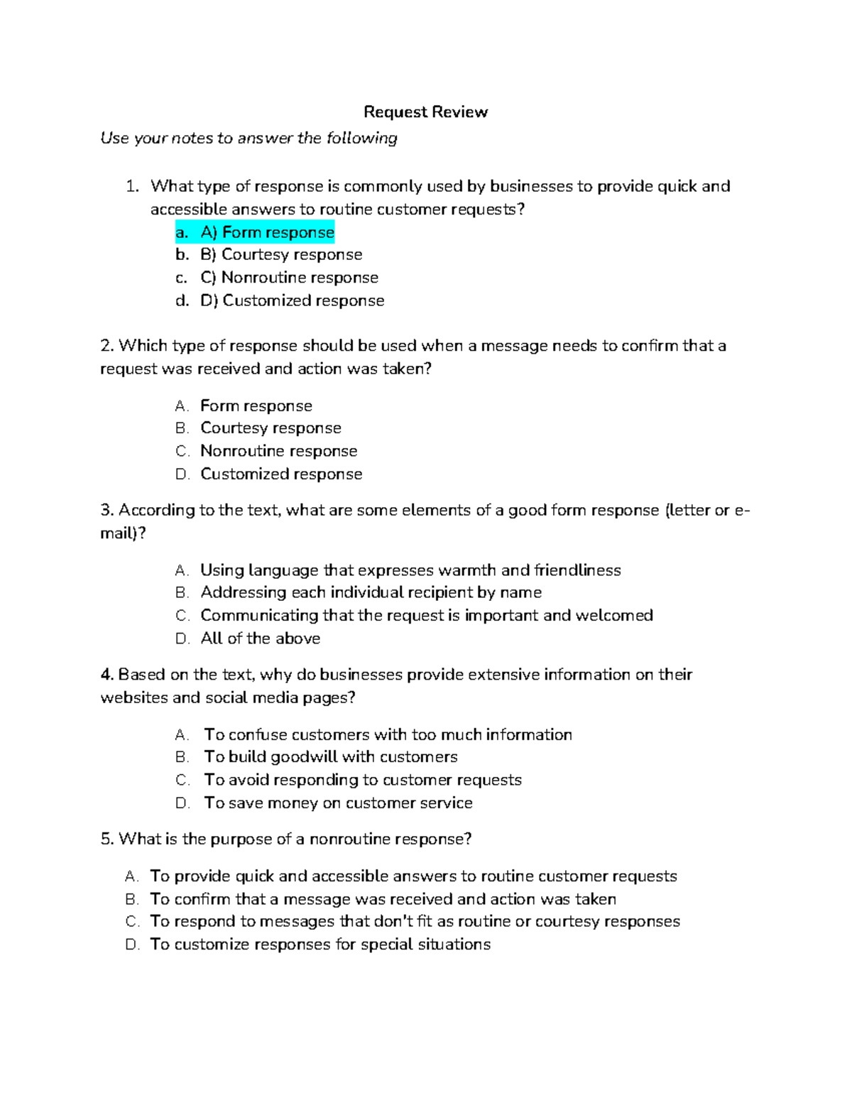 Request and Response Message Worksheet - Request Review Use your notes ...