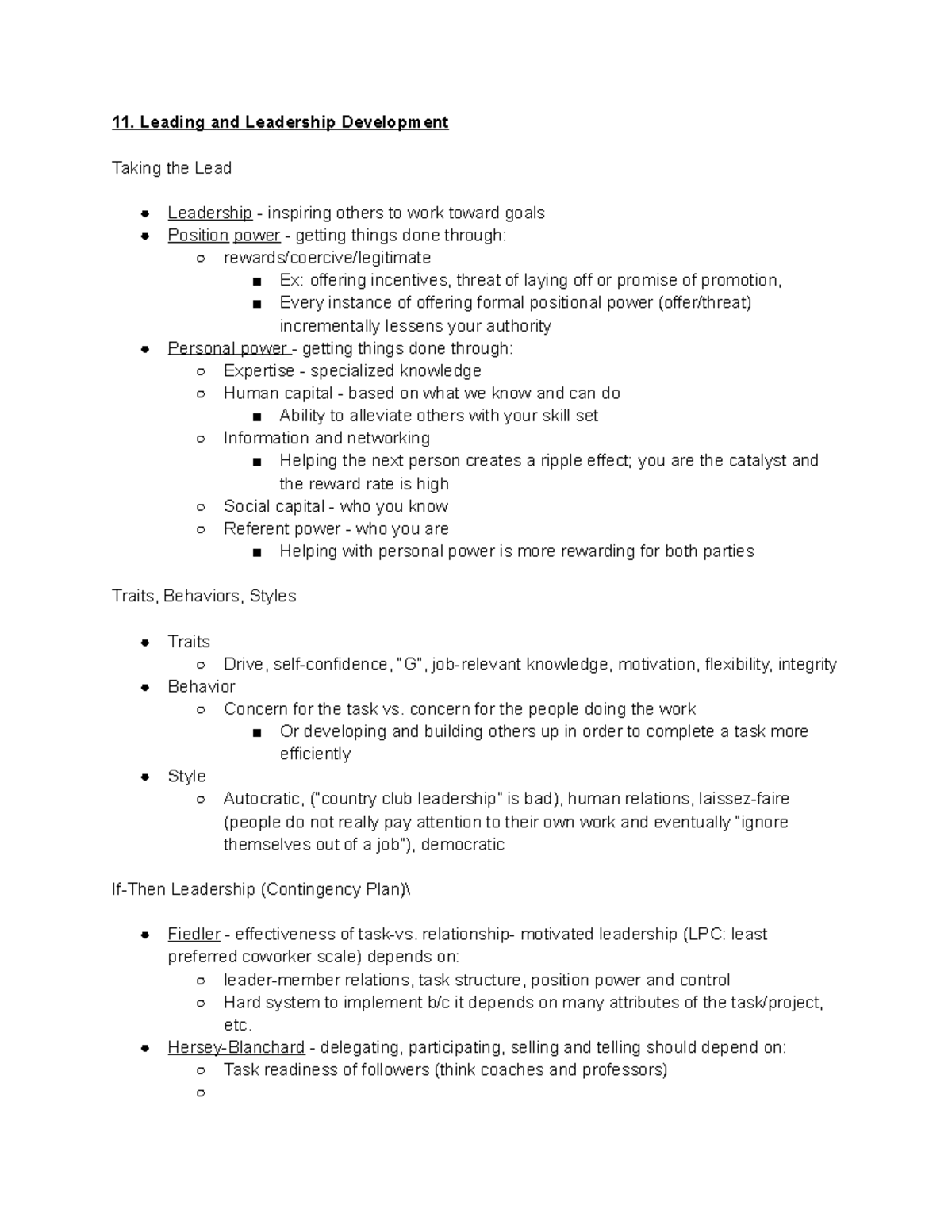 Test 4 Notes - 11. Leading and Leadership Development Taking the Lead ...