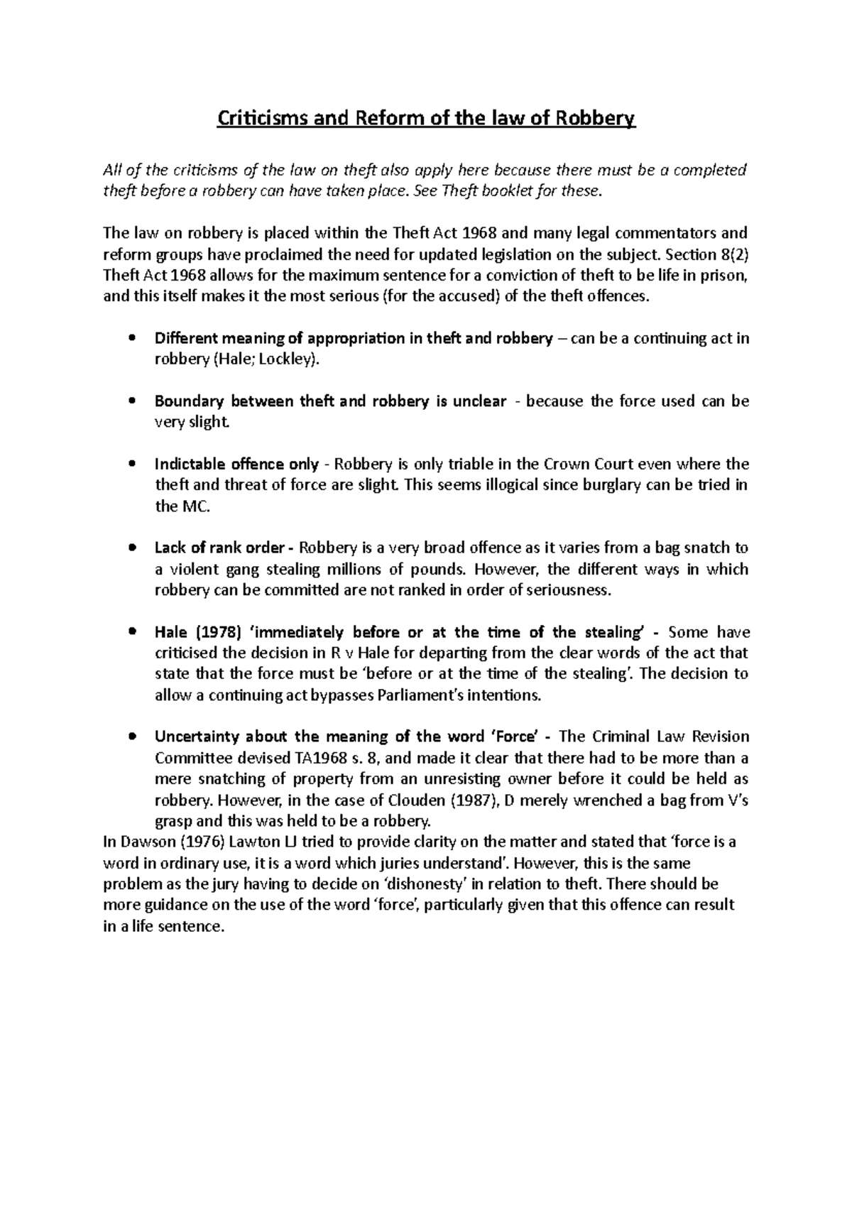 13 Robbery Notes Criticisms And Reform Of The Law Of Robbery All