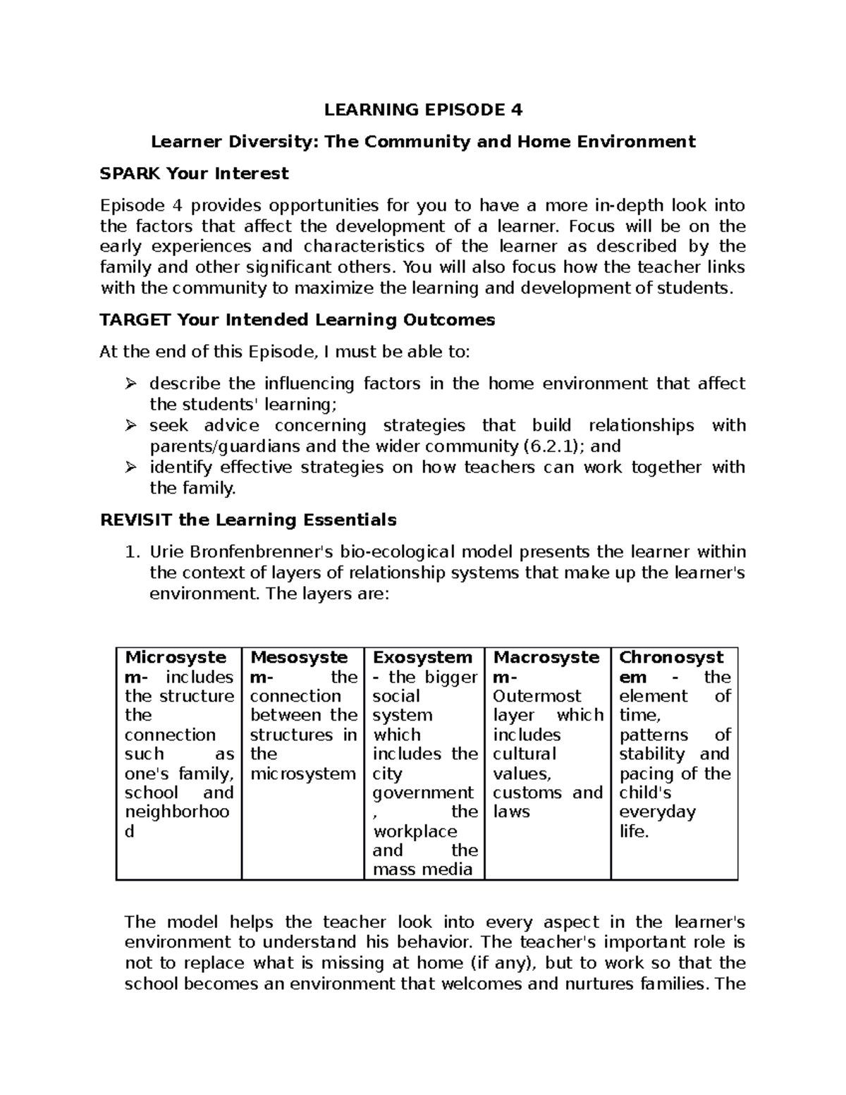 Episode 4 - FIELD STUDY - LEARNING EPISODE 4 Learner Diversity: The ...