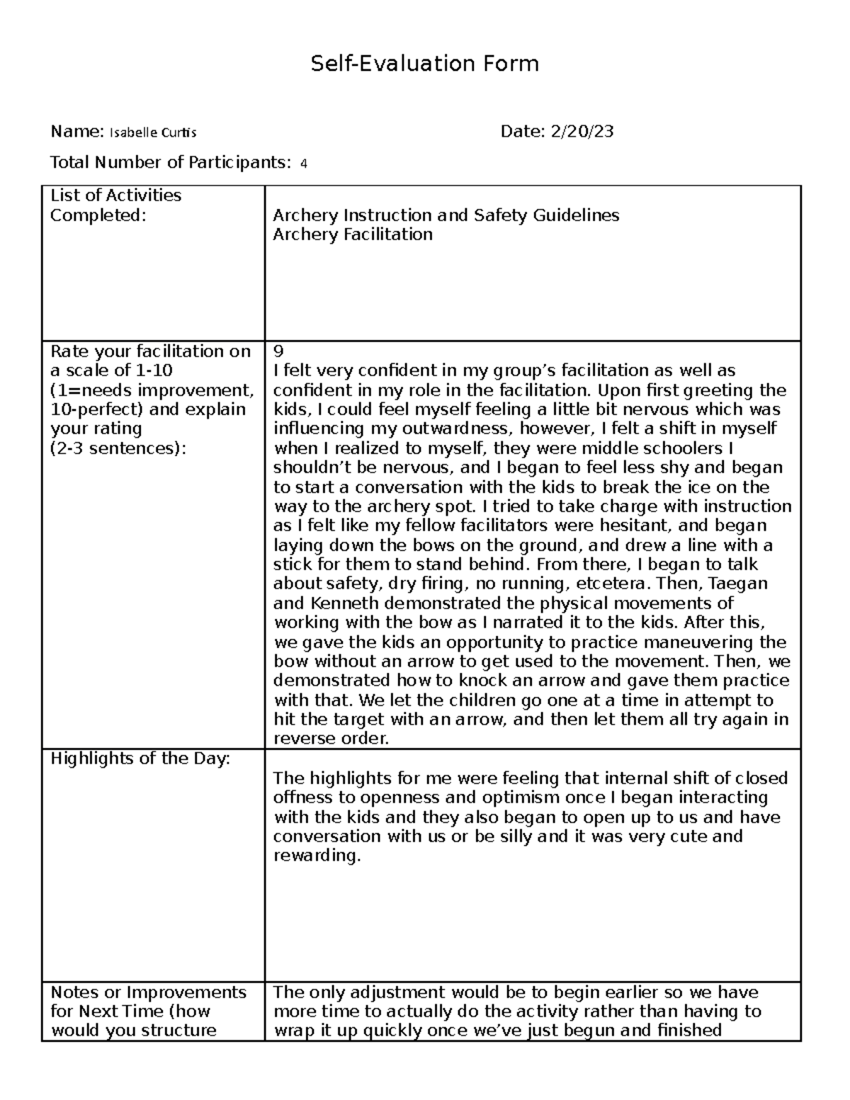 Lab- Self Evaluation Form 2ND Sloep - Self-Evaluation Form Name ...