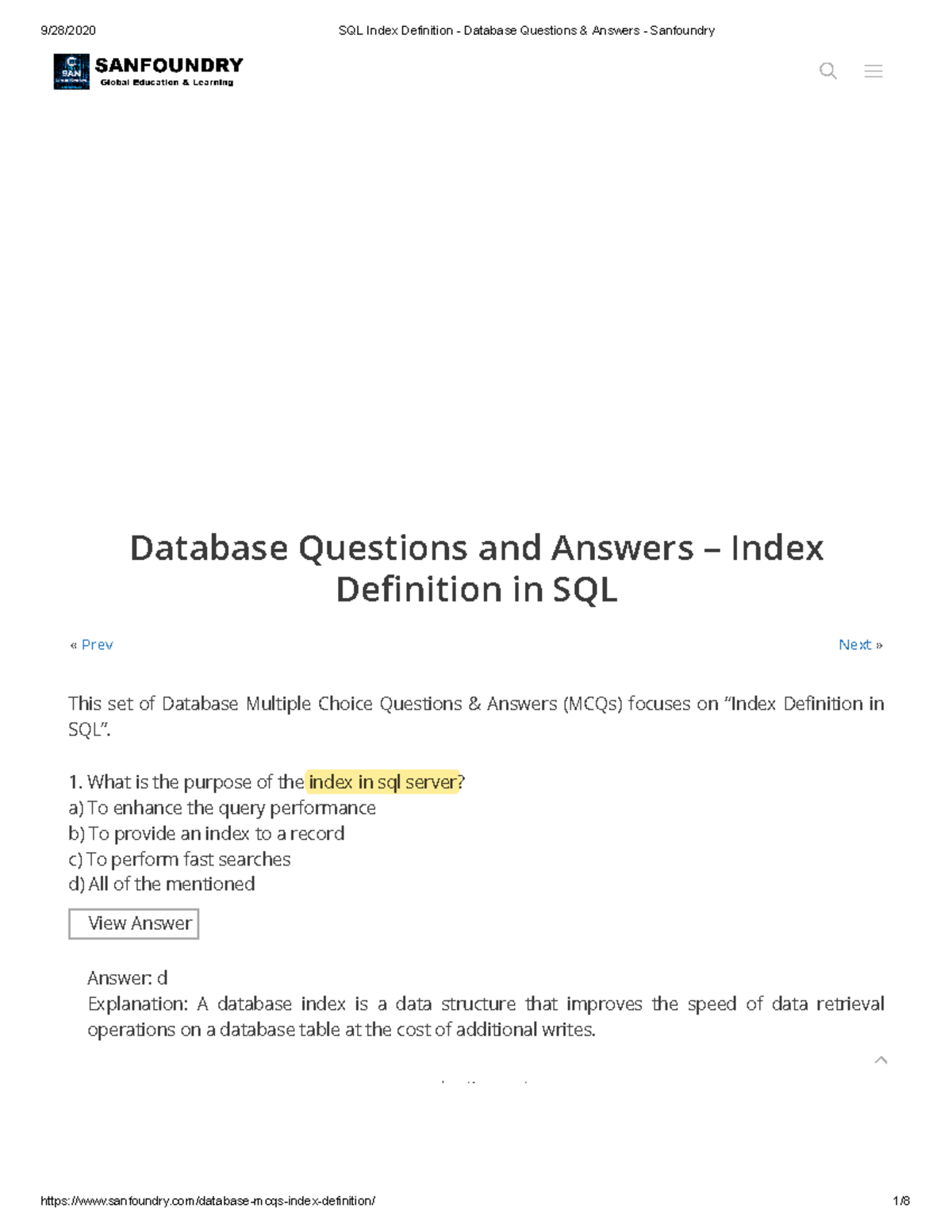 SQL Index Definition Database Questions Answers Sanfoundry