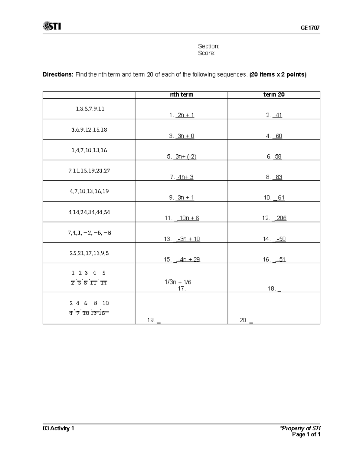 03 Activity 1(7)(5)-converted - GE Section: Score: Directions: Find the nth term and term 20 of ...