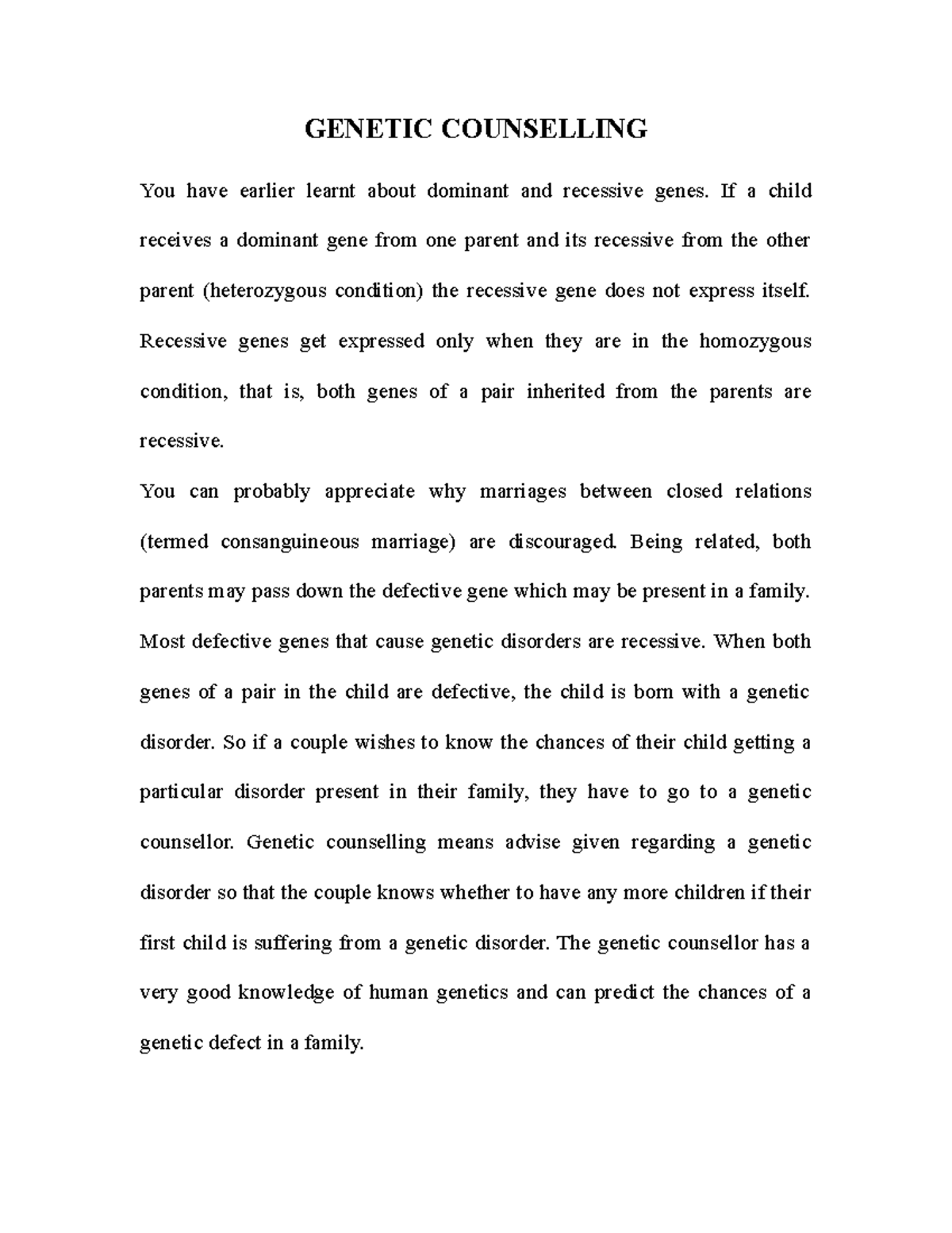 Genetic Counselling - GENETIC COUNSELLING You have earlier learnt about ...