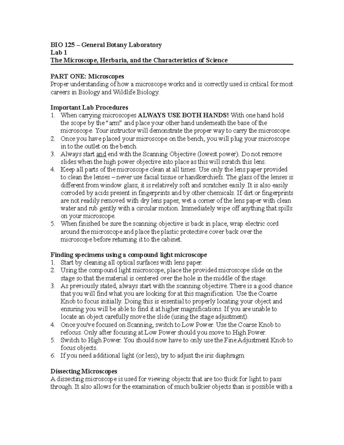 Microscope Notes Lab - BIO 125 – General Botany Laboratory Lab 1 The ...