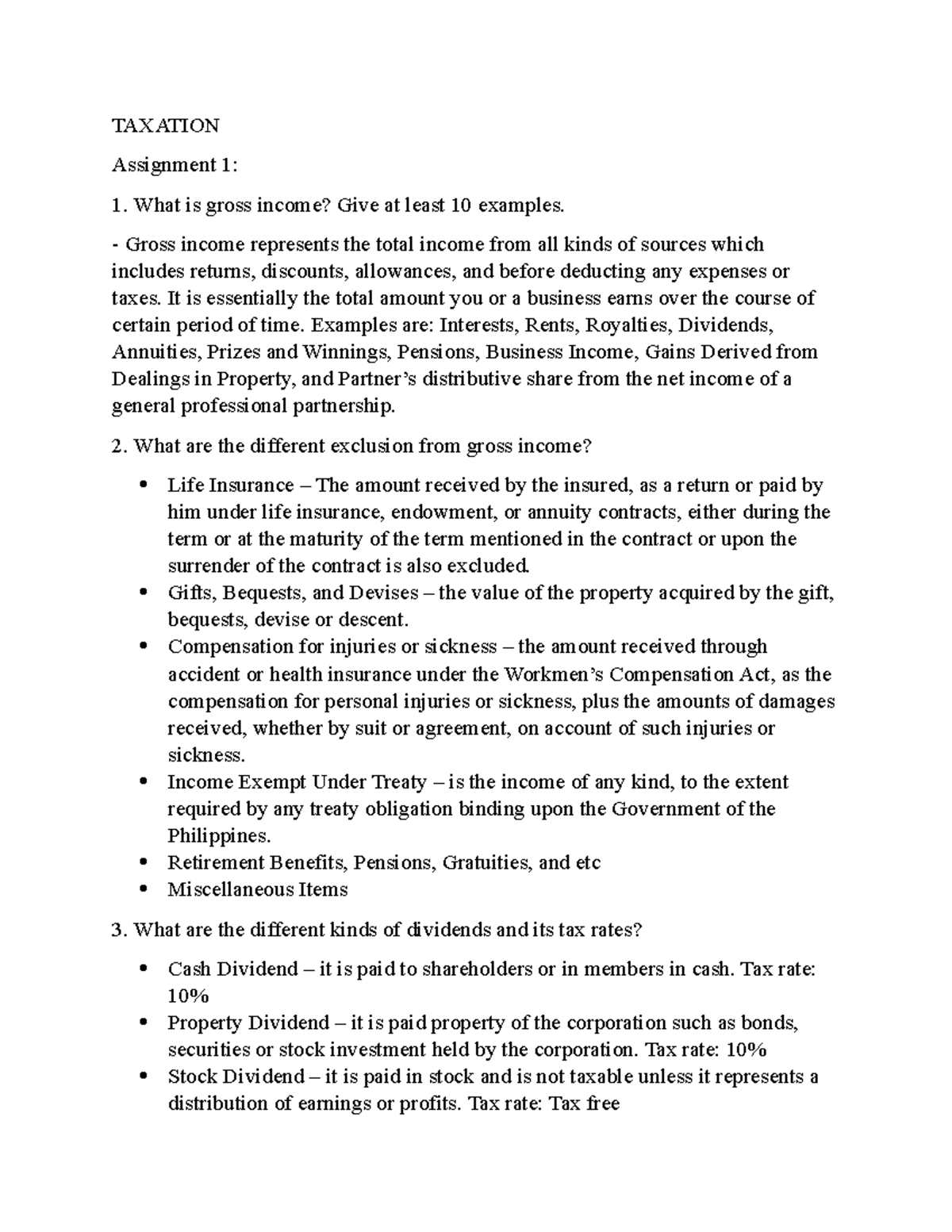 Taxation - TAXATION Assignment 1: What is gross income? Give at least ...