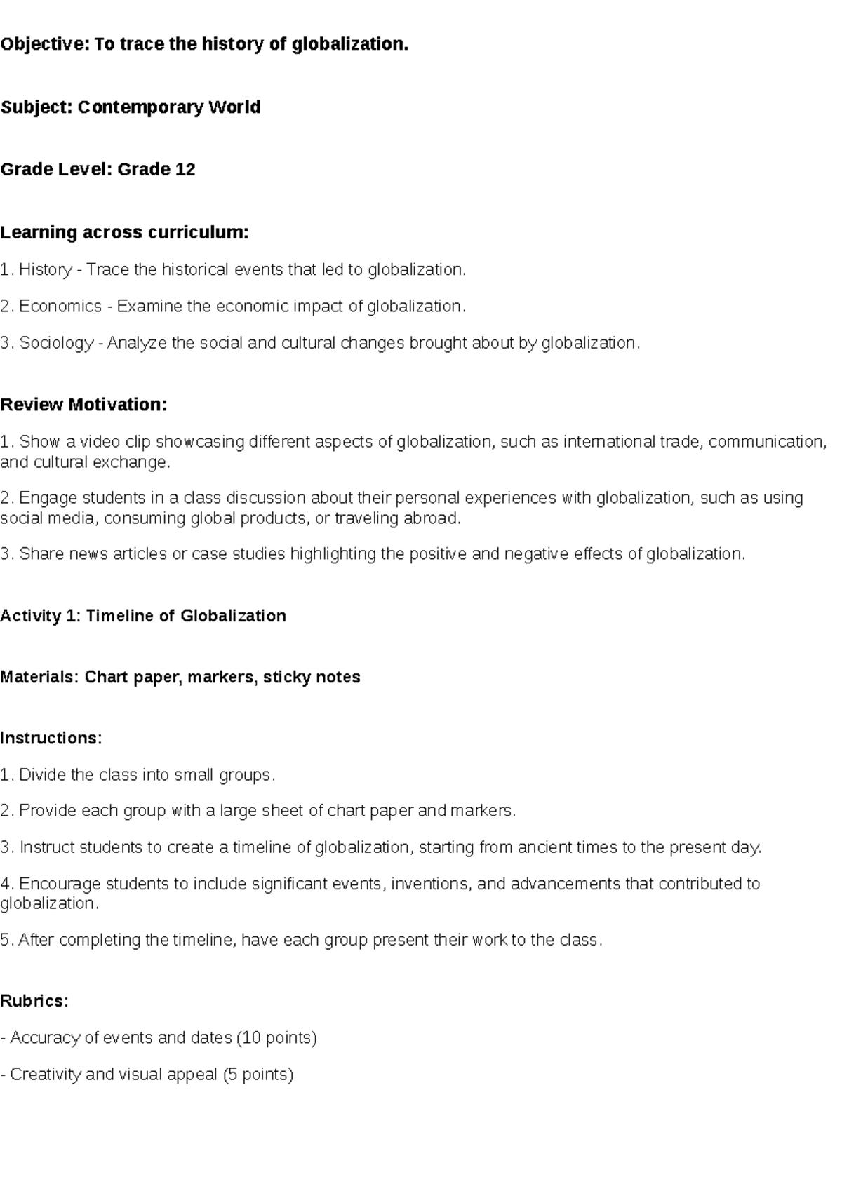 Lesson plan - globaloziatiob - Objective: To trace the history of ...