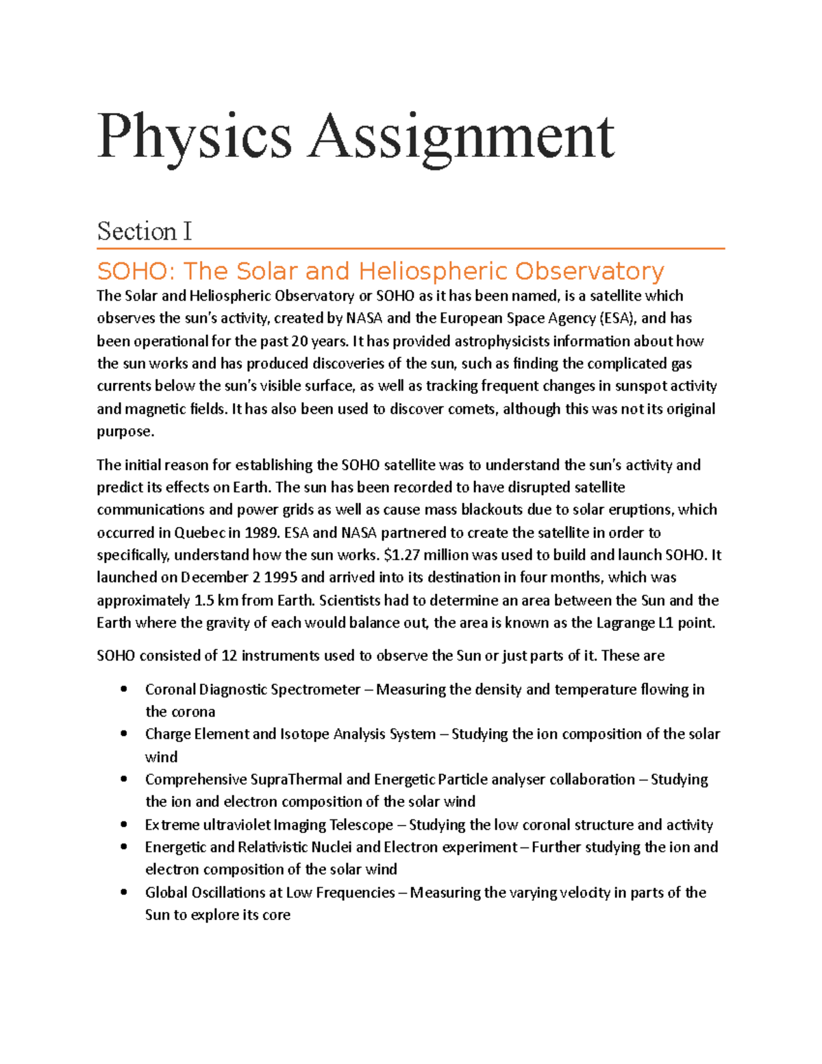 Physics Informational Lecture - Physics Assignment Section I SOHO: The ...