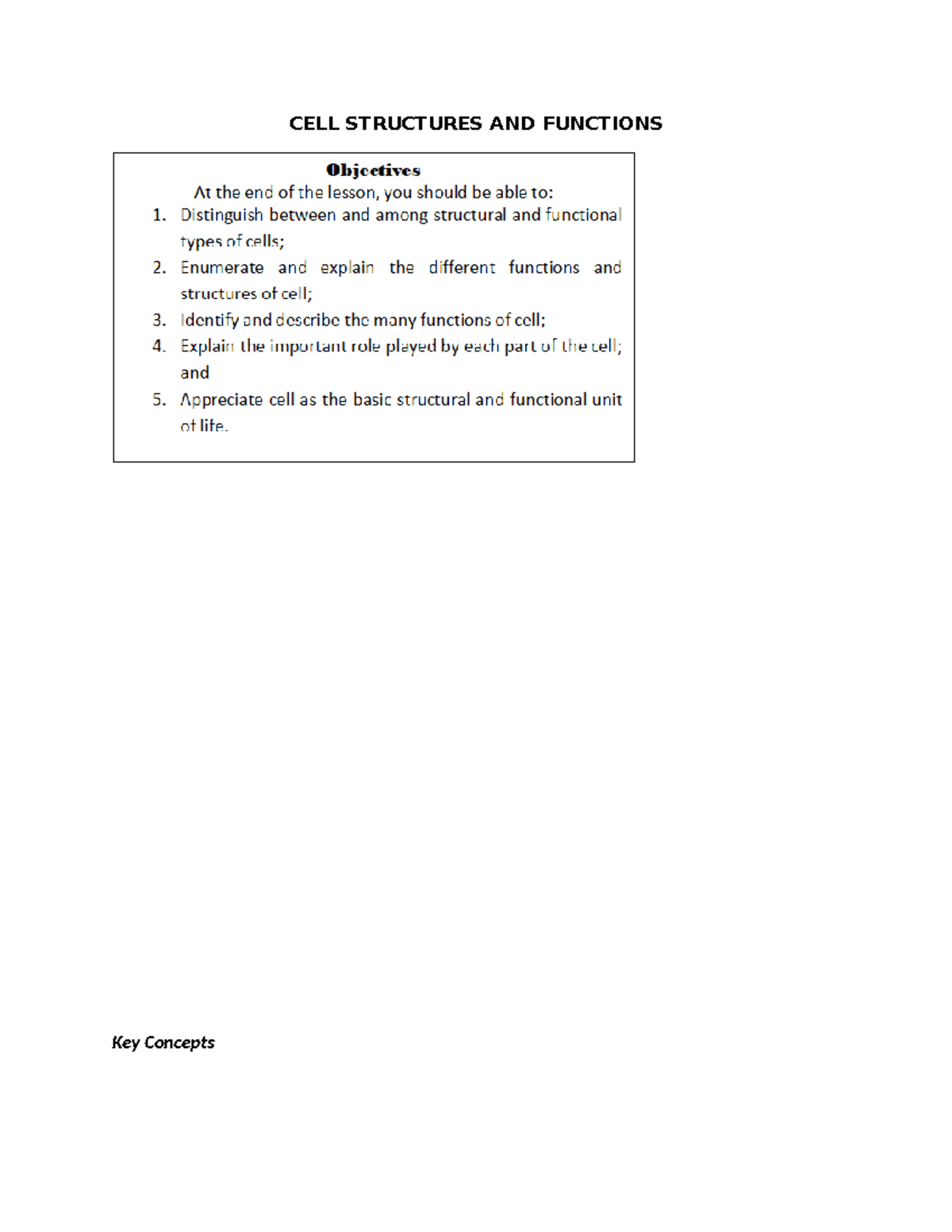 CELL Structures AND Functions - CELL STRUCTURES AND FUNCTIONS Key ...