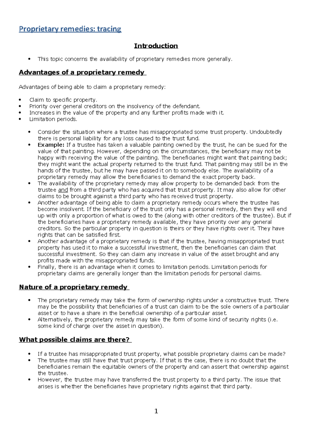 Topic 7 Proprietary Remedies Tracing - Proprietary remedies: tracing ...