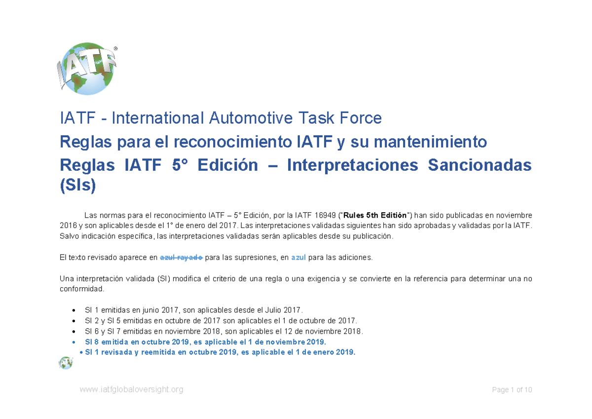 IATF-Rules 5th SI8 Octubre 2019 SP - iatfglobaloversight Page 1 of 10 ...
