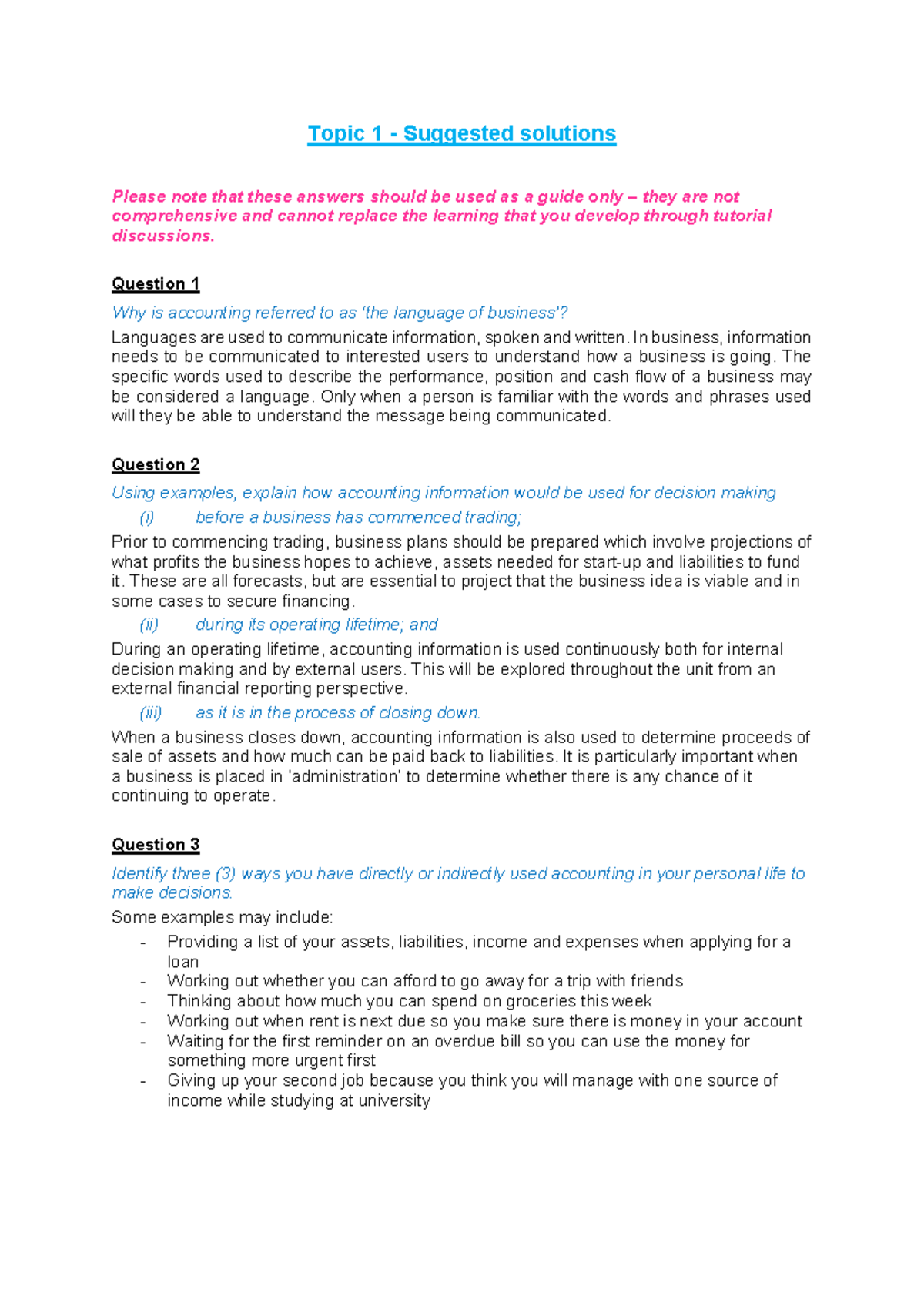 Topic 1 suggested solutions - Topic 1 - Suggested solutions Please note ...