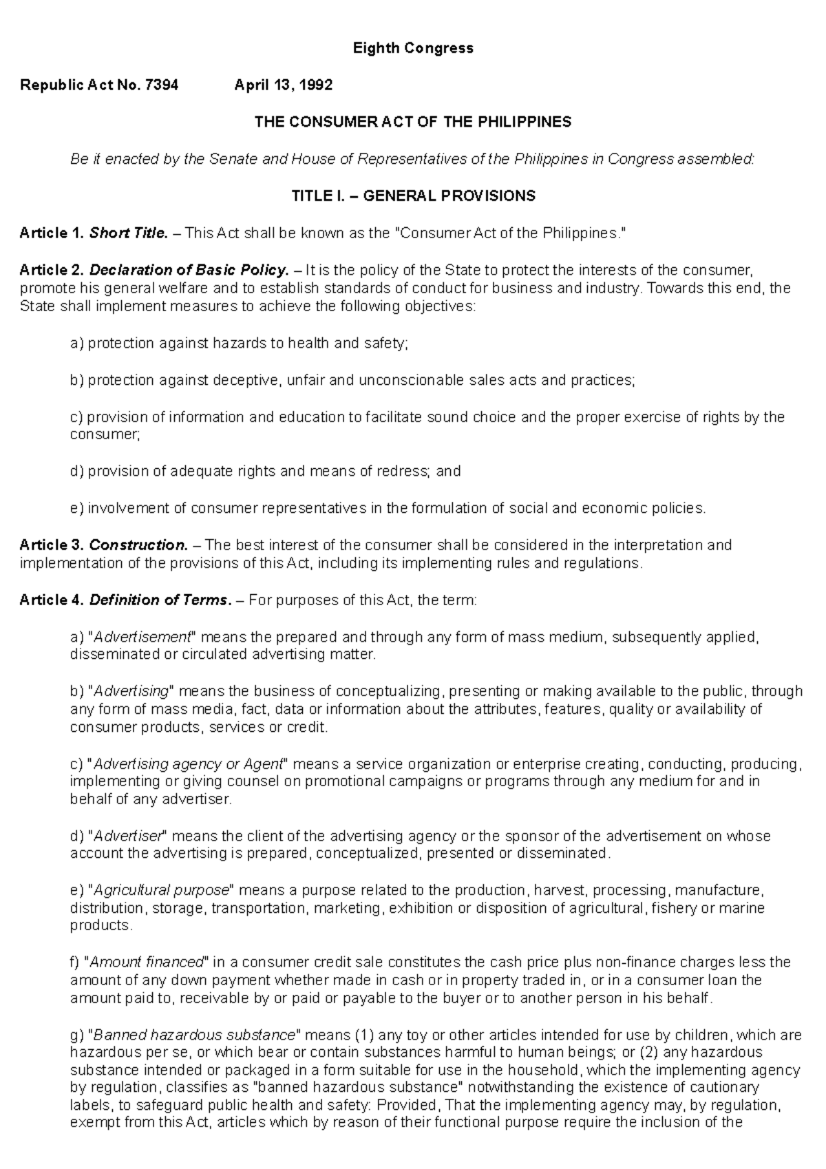 Republic Act No 7394 THE Consumer ACT OF THE Phils Eighth Congress