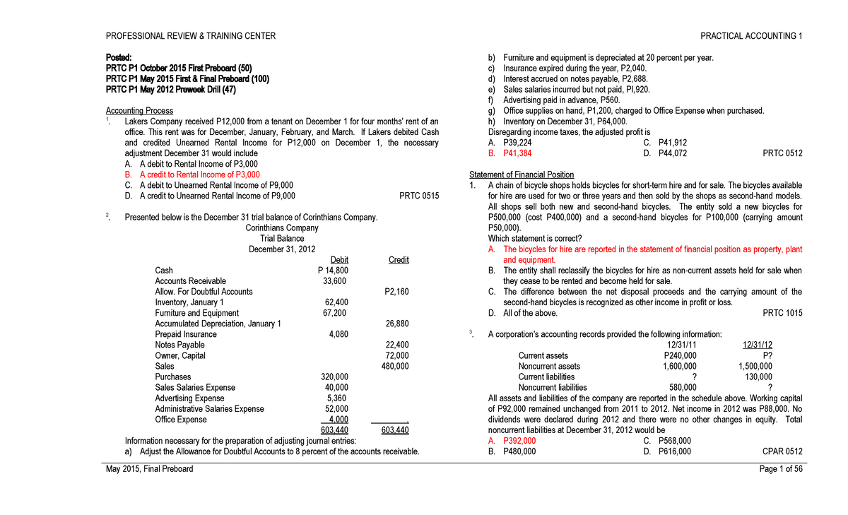 Toaz TEST BANKS, PRACTICAL ACCOUNTING - Posted: PRTC P 1 October 2015 ...