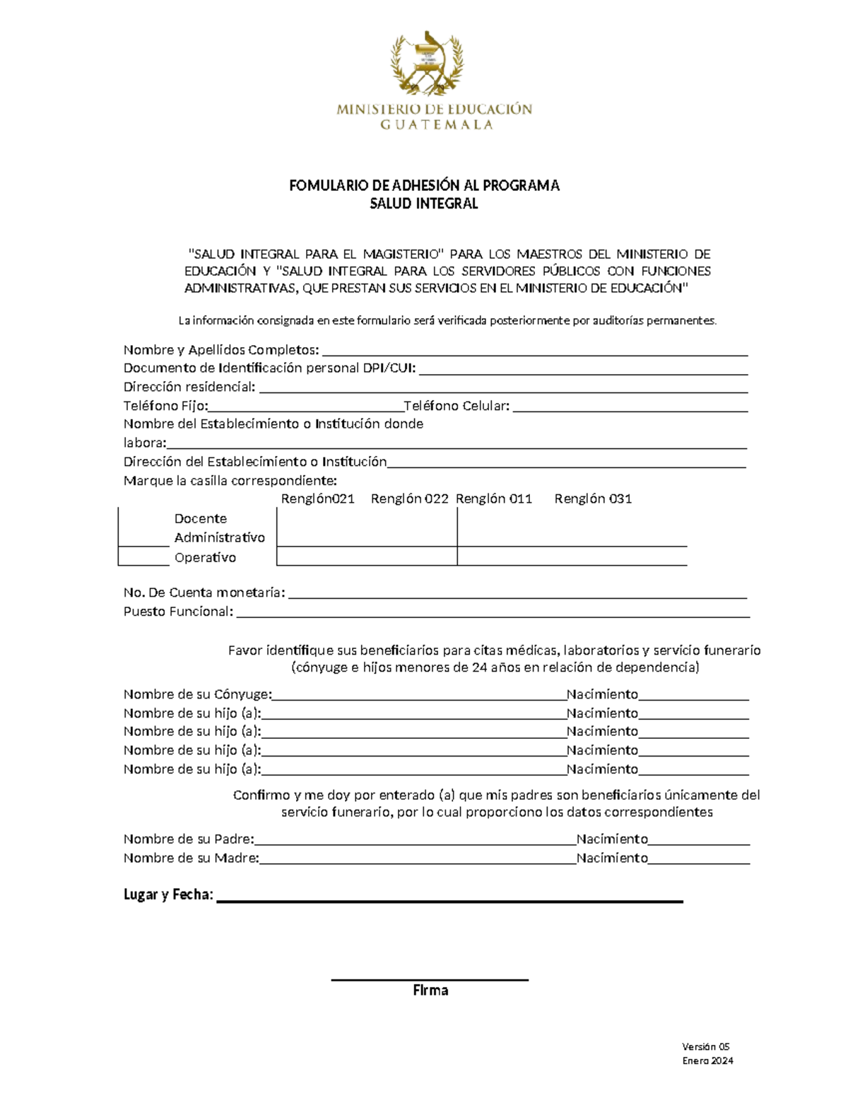 Formulario de Adhesión al programa Salud Integral Versión 05 word - FOMULARIO DE ADHESIÓN AL ...