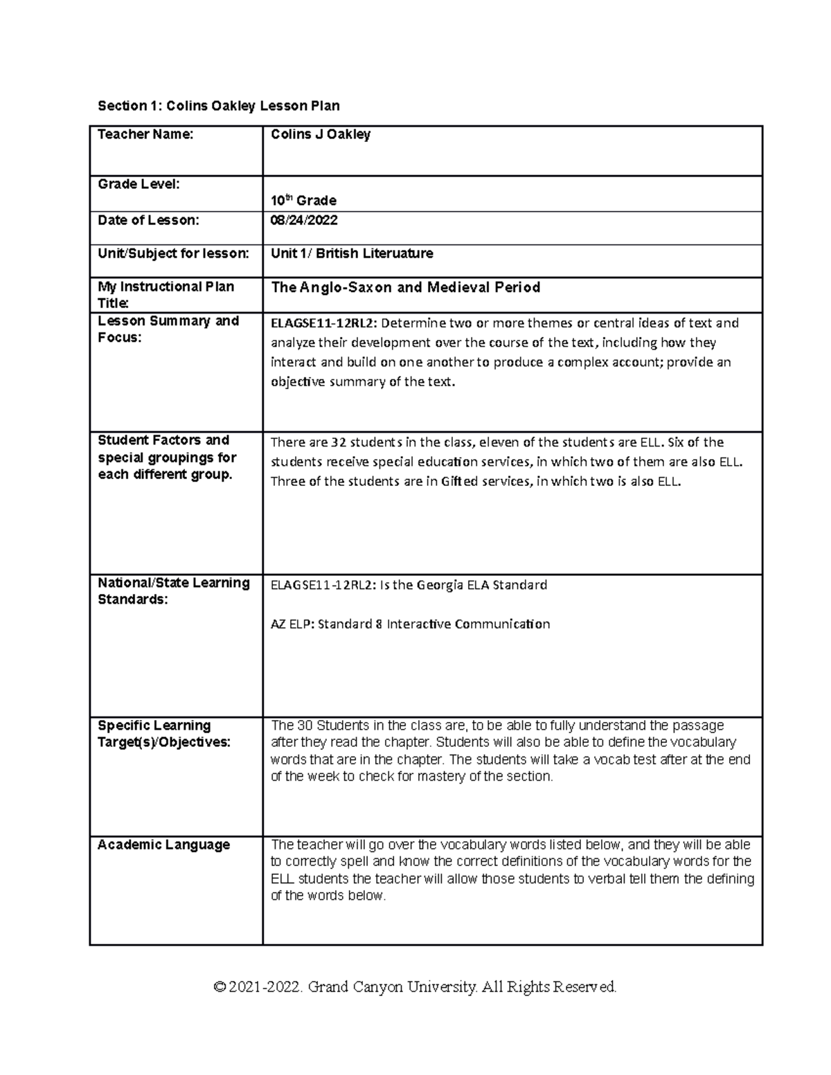 ESL Lesson Plans - N/A - Section 1: Colins Oakley Lesson Plan Teacher ...