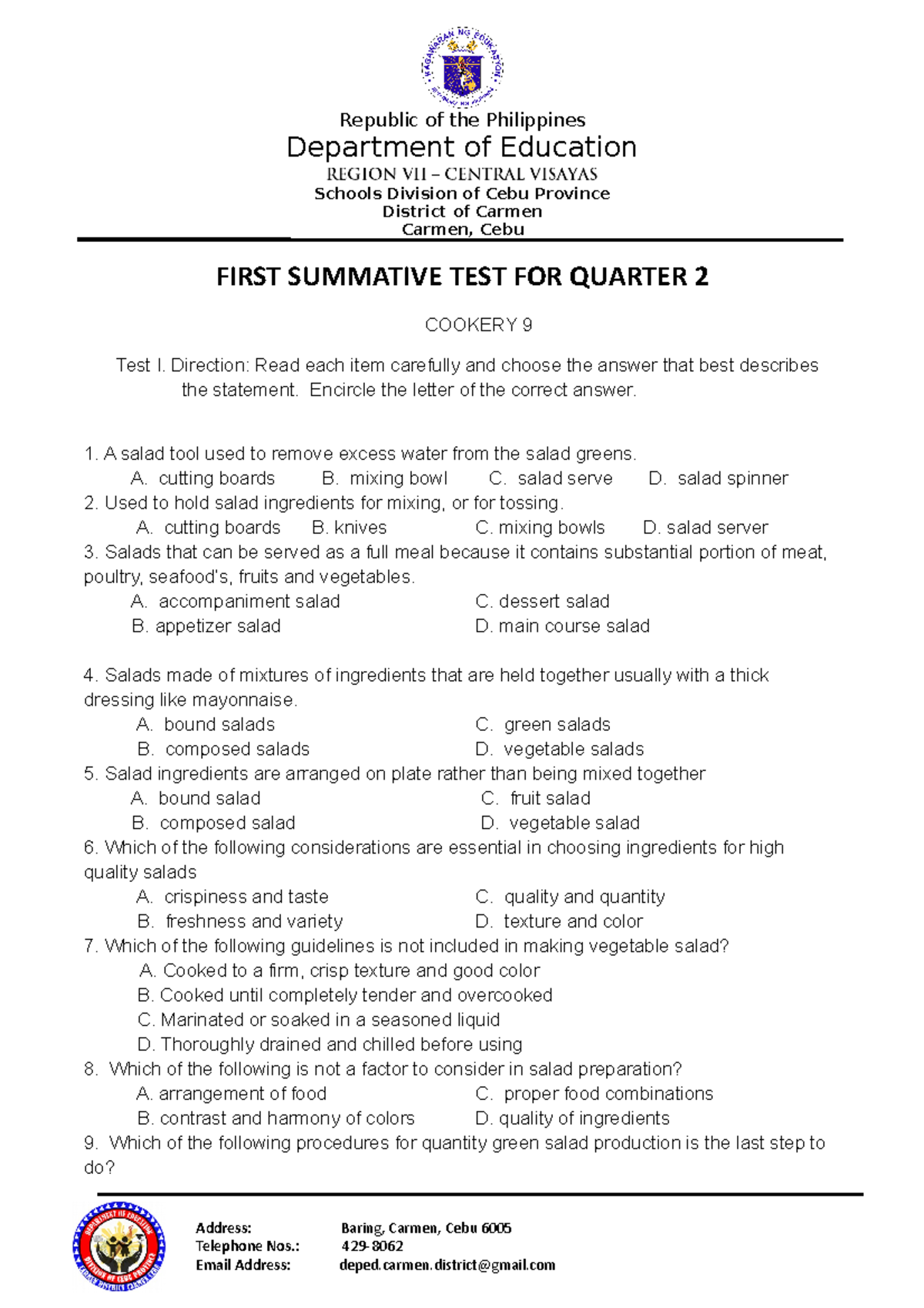 1st district summative test - Republic of the Philippines Department of ...