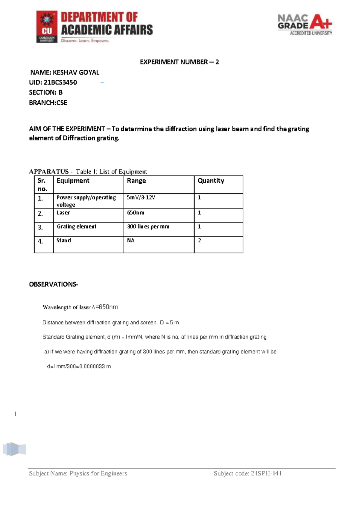 Phy 1 - EXPERIMENT NUMBER – 2 NAME: KESHAV GOYAL UID: 21BCS SECTION: B ...