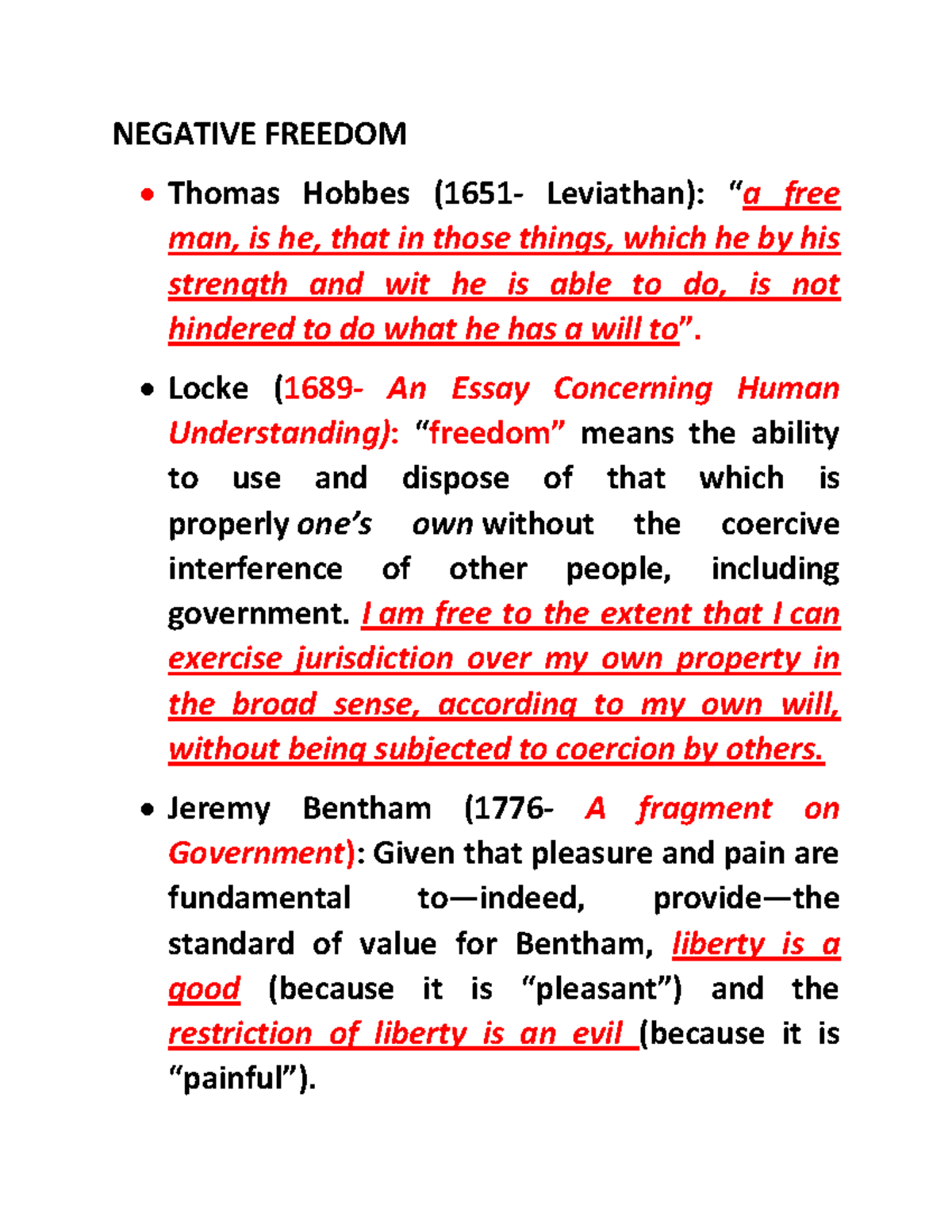 Negative Freedom - NEGATIVE FREEDOM Thomas Hobbes (1651- Leviathan): “a ...