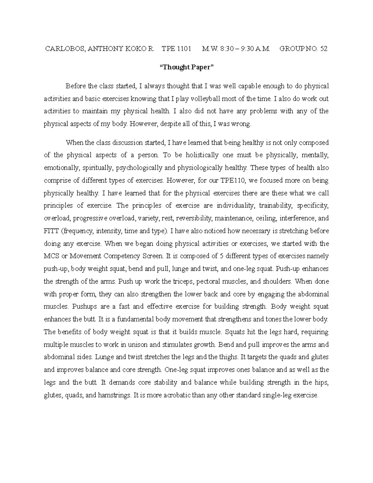 Thought paper - CARLOBOS, ANTHONY KOKO R. TPE 1101 M. 8:30 – 9:30 A ...
