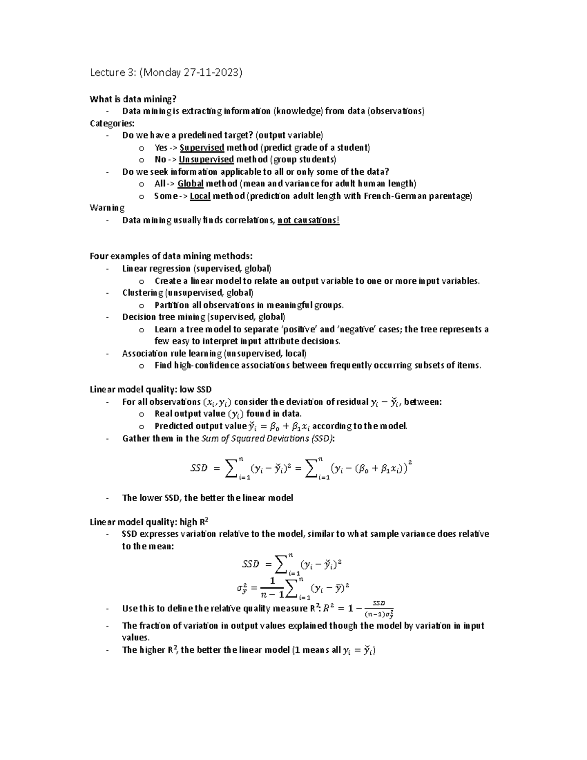 Data analytics Summary Lecture 3 - Lecture 3: (Monday 27-11-2023) What is data mining? - Data ...