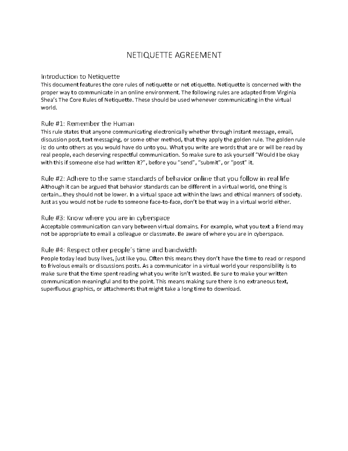 Netiquette Agreement - This assignment is about what you want to earn ...