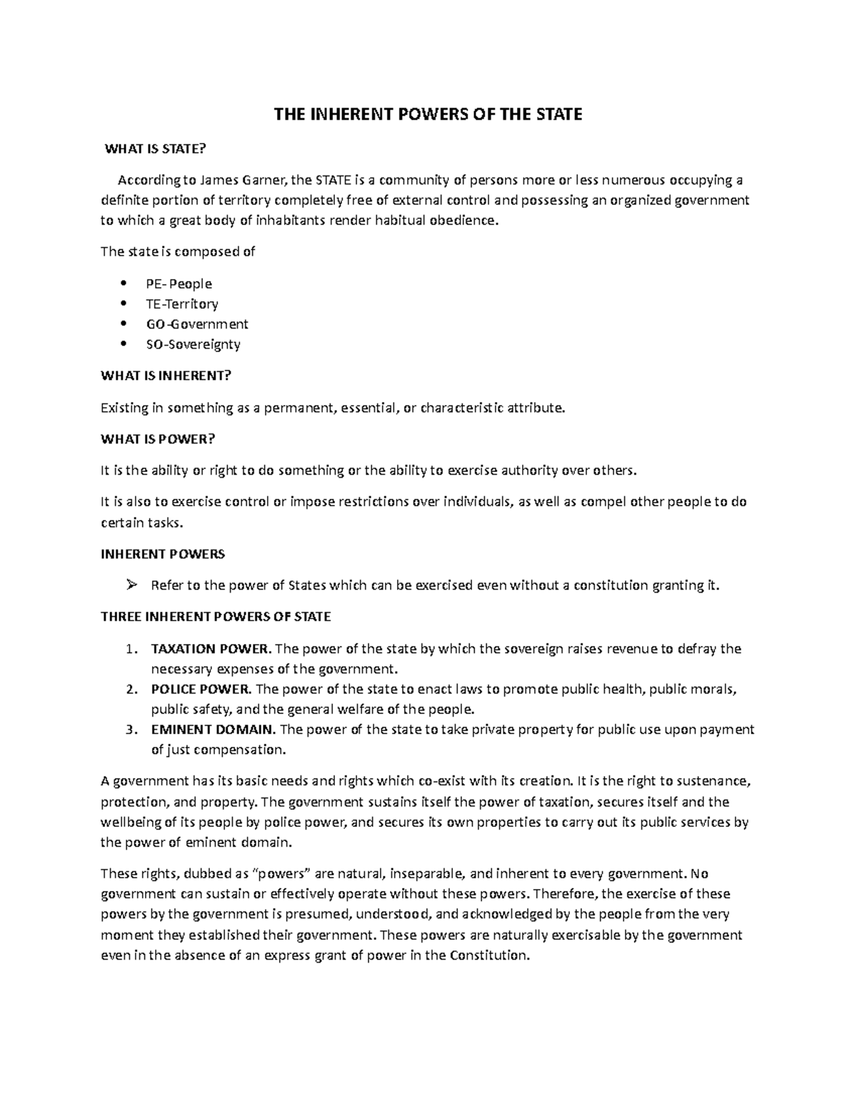 THE Inherent Powers OF THE State - THE INHERENT POWERS OF THE STATE ...