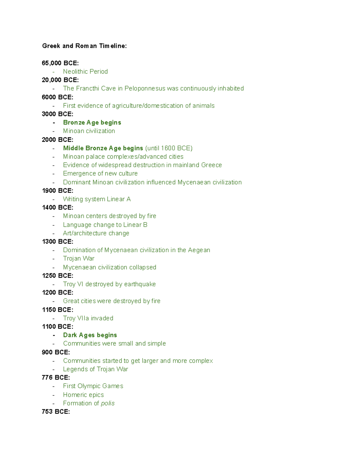 Greek and Roman Course Timeline - Greek and Roman Timeline: 65,000 BCE ...
