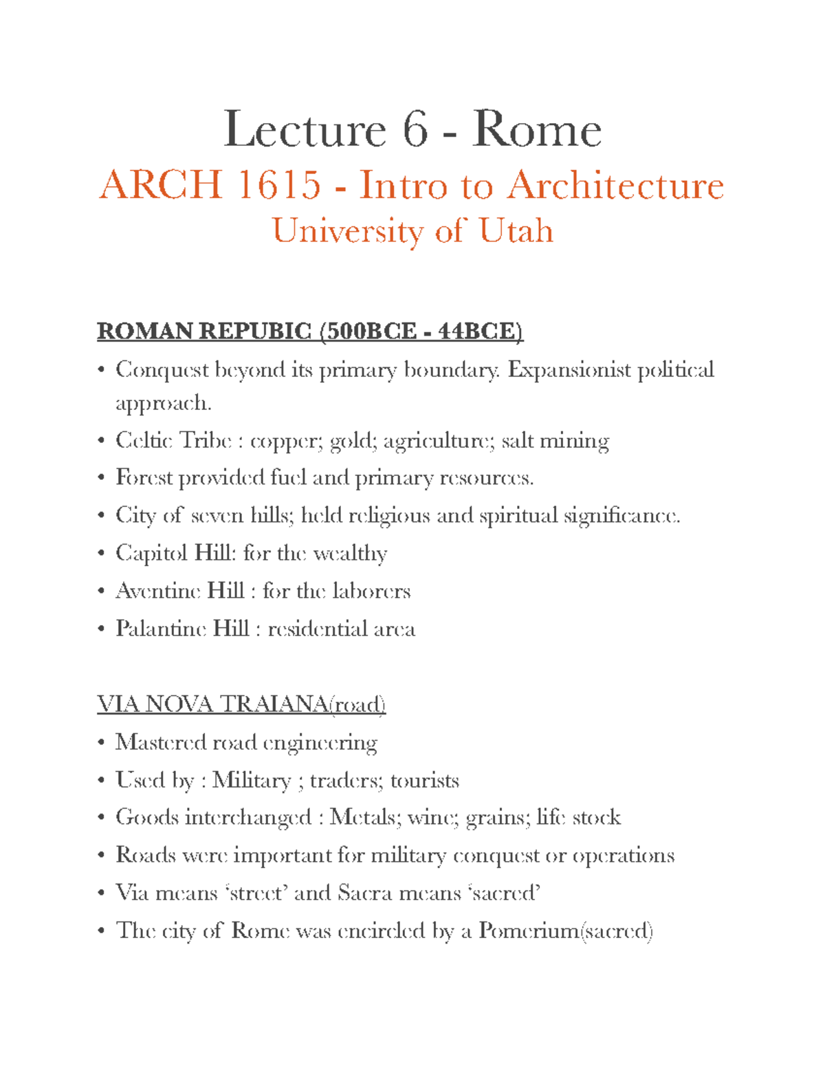 Lecture 6 -Rome part 1 - Lecture 6 - Rome ARCH 1615 - Intro to ...